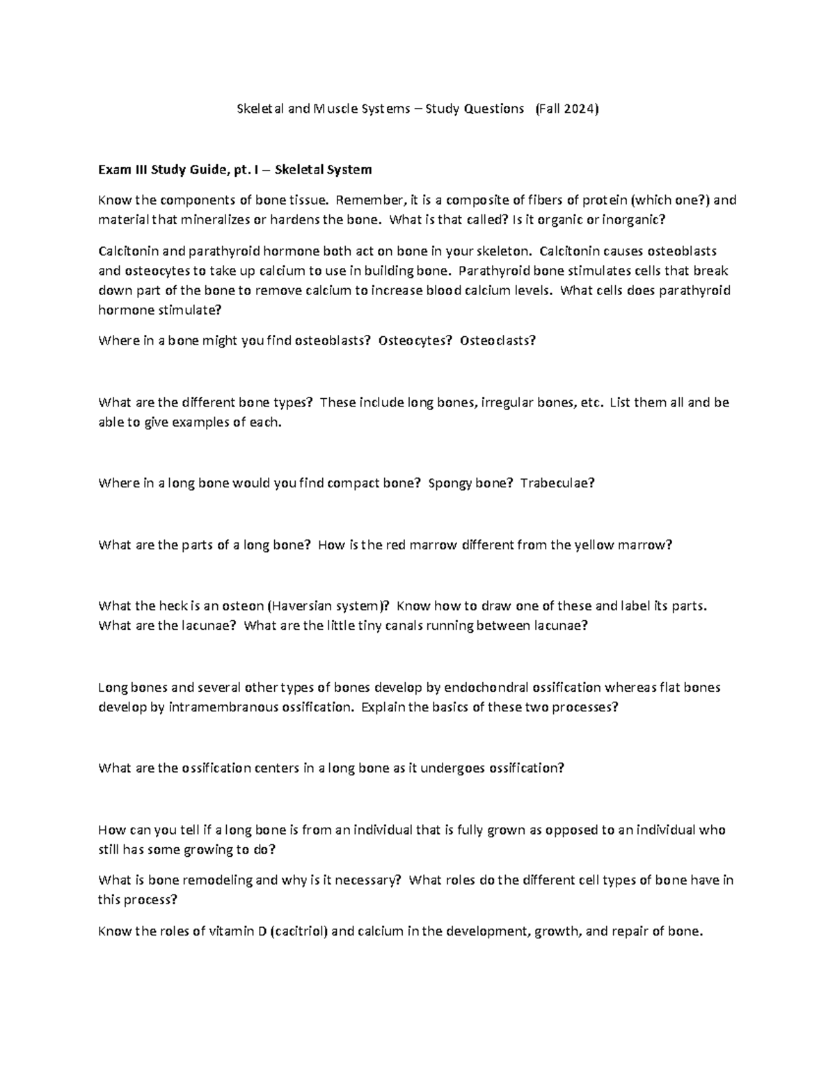 Skeletal System Study Guide (Fall 2024) - Exam Prep Part I - Studocu