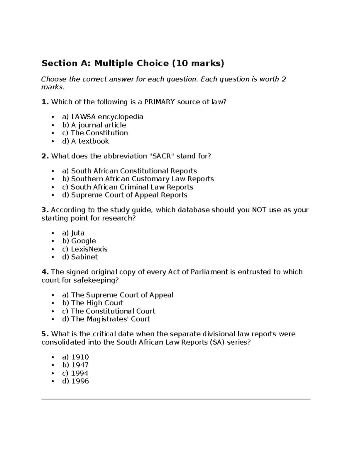 Practice Questions for Law 101: MCQs, True/False, and Short Answers ...