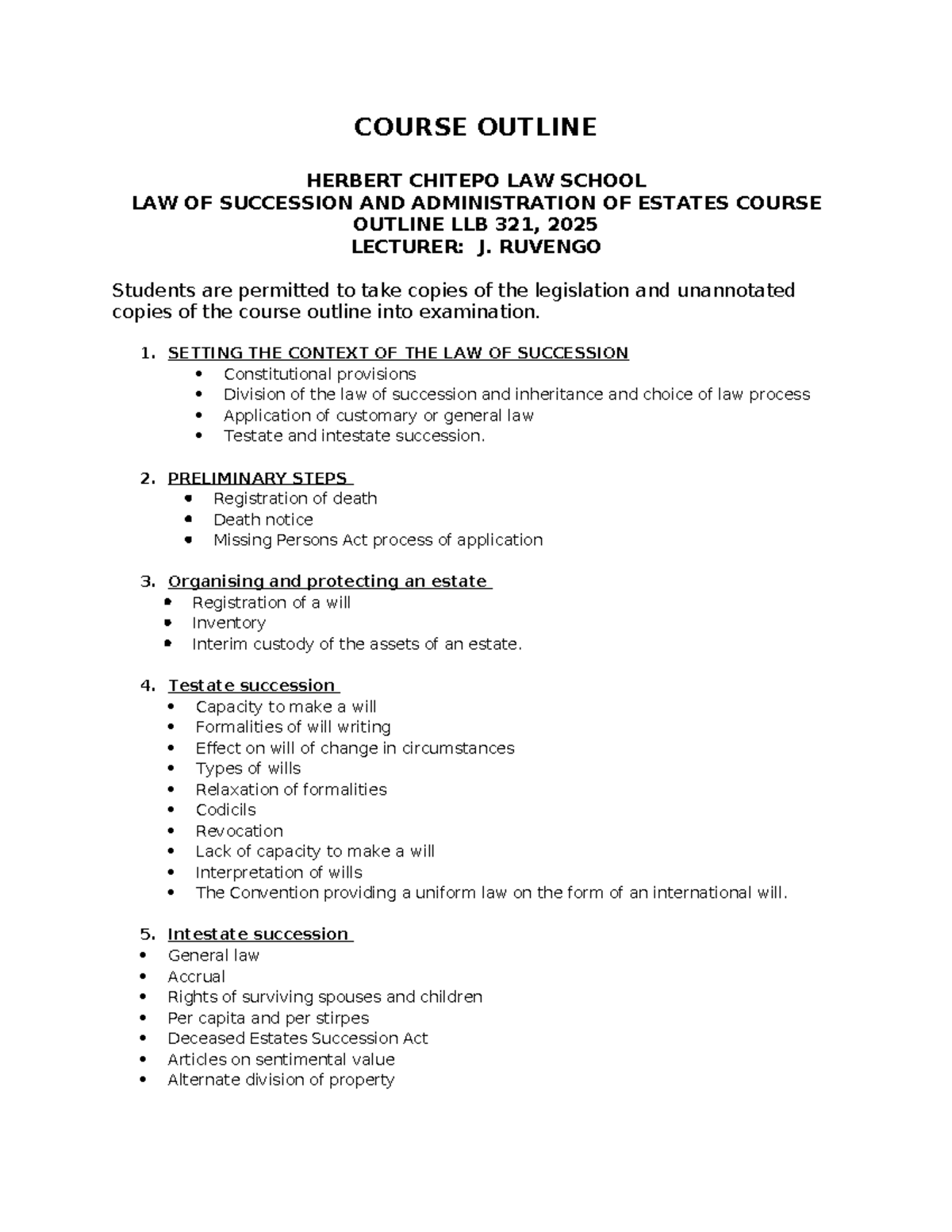 LAW OF SUCCESSION COURSE OUTLINE LLB 321, 2025 - Studocu