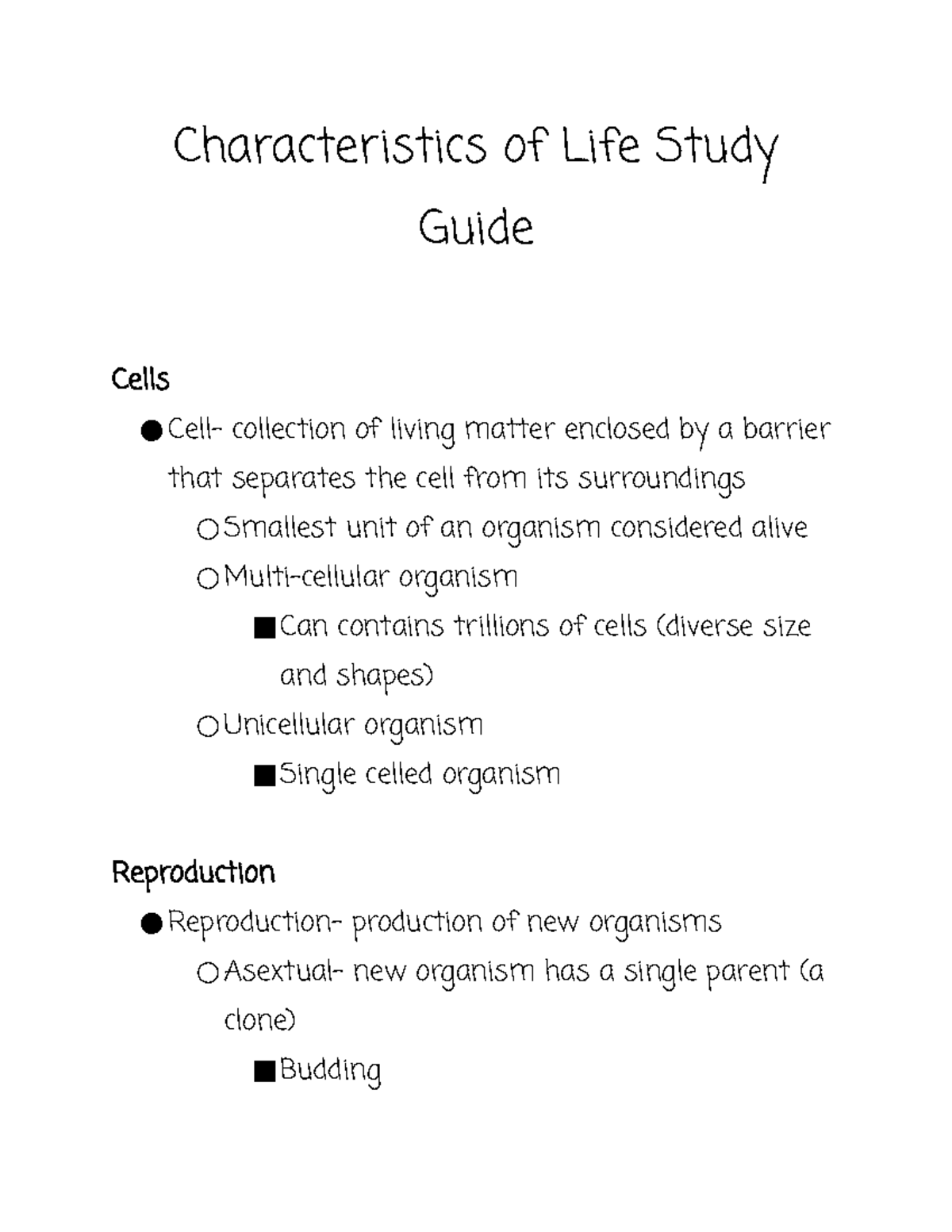 Unit 1 Characteristics of Life Study Guide - Characteristics of Life ...