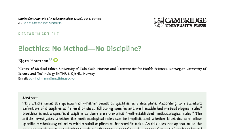 Bioethics: No Method, No Discipline? (CQHE 34:1) - Studocu