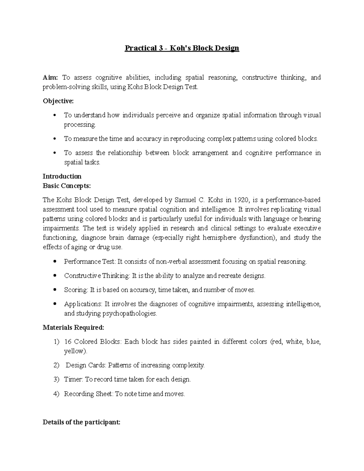 KOH-302 Practical 3: Koh's Block Design Test Analysis & Findings - Studocu