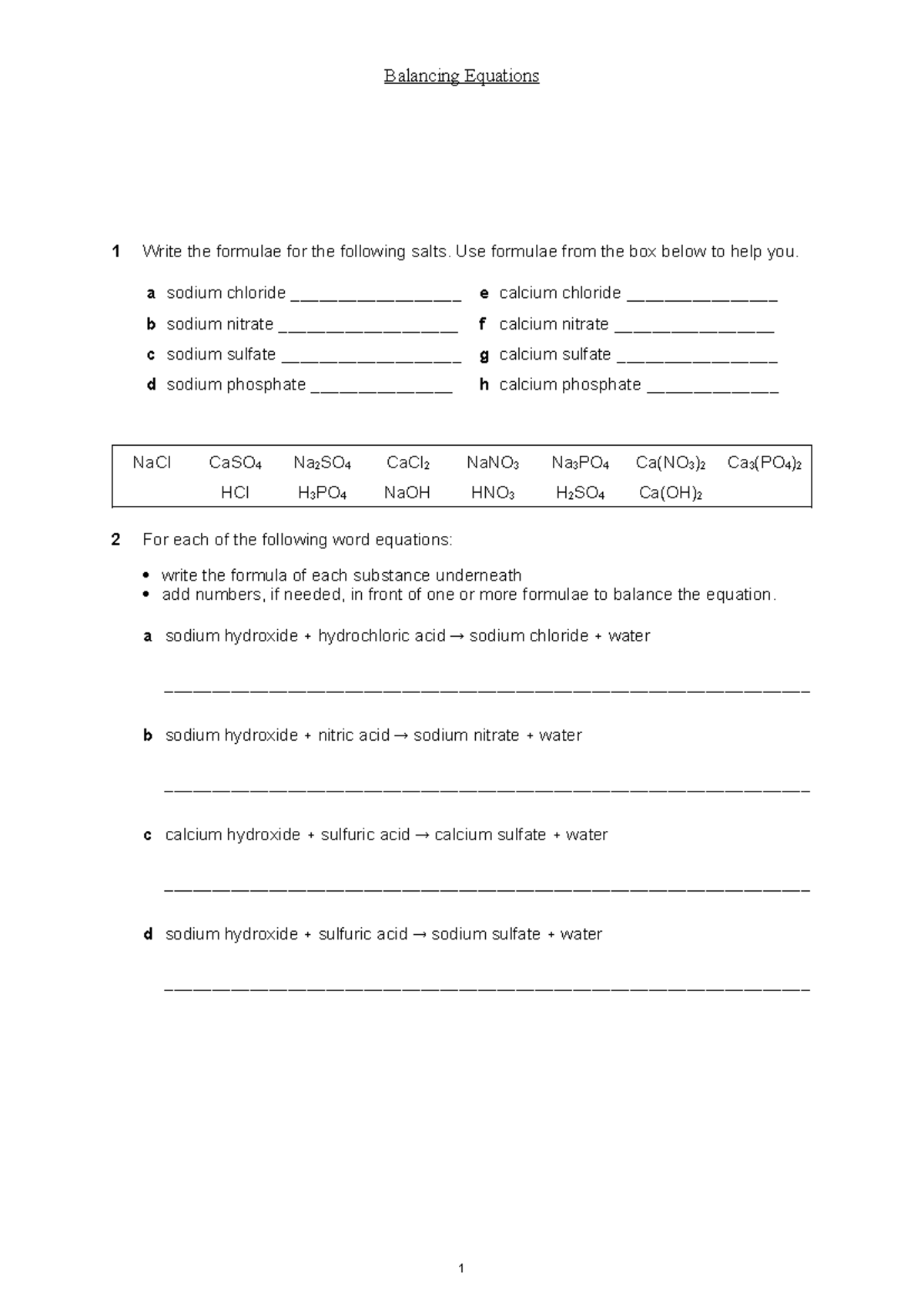 Balancing Equations Worksheet: Salts & Word Equations - Studocu