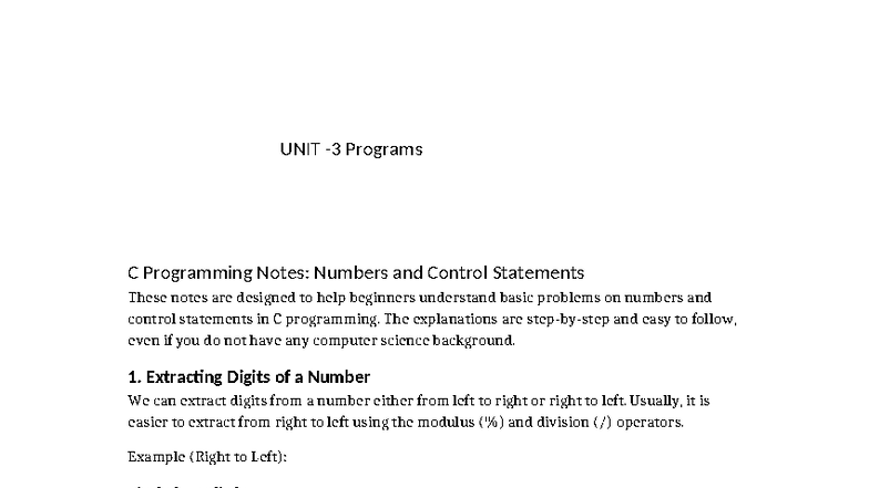 UNIT 3 PST - C Programming Notes: Numbers & Control Statements - Studocu