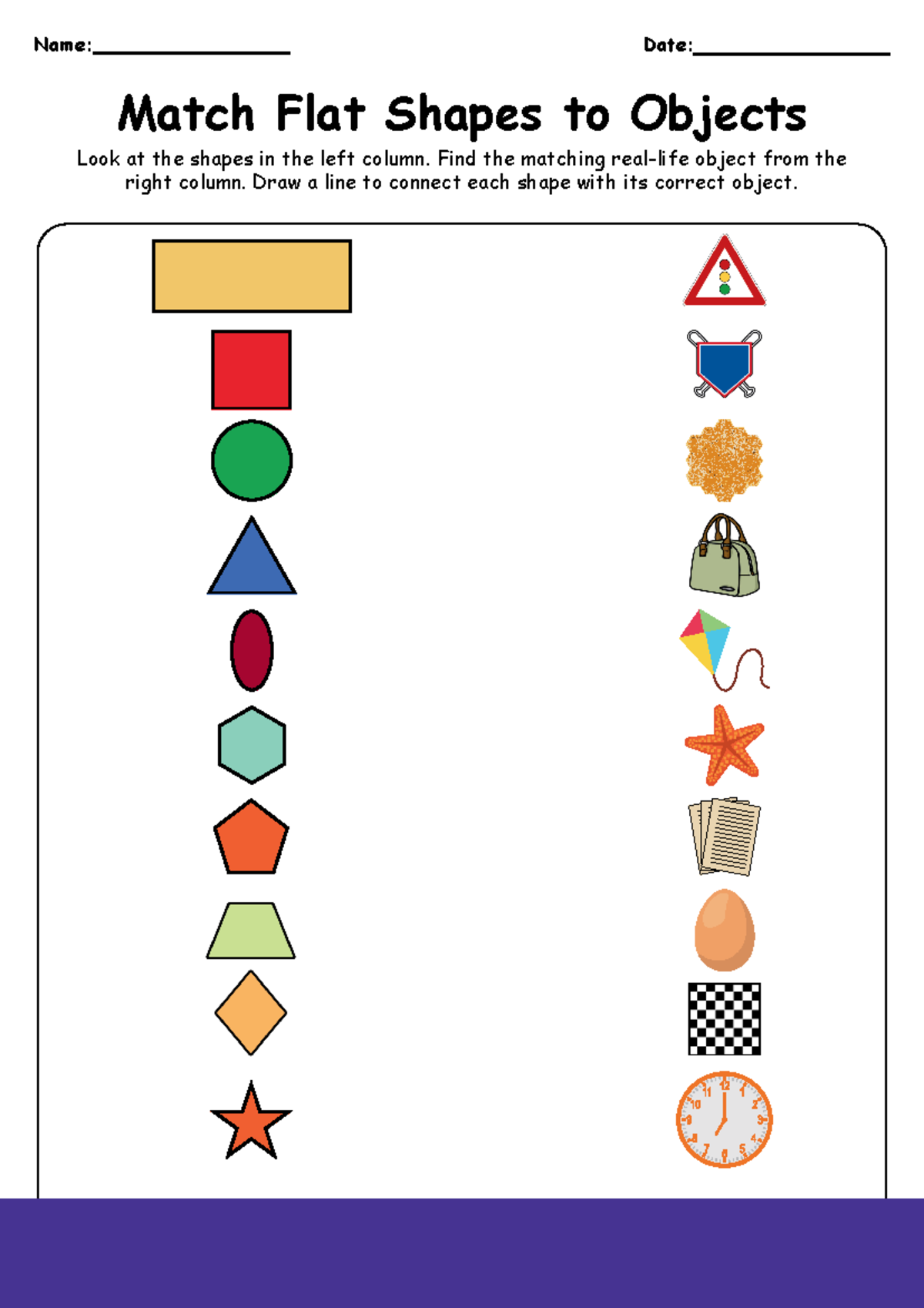 Match Flat Shapes to Objects - Kindergarten Worksheet - Name: Date ...