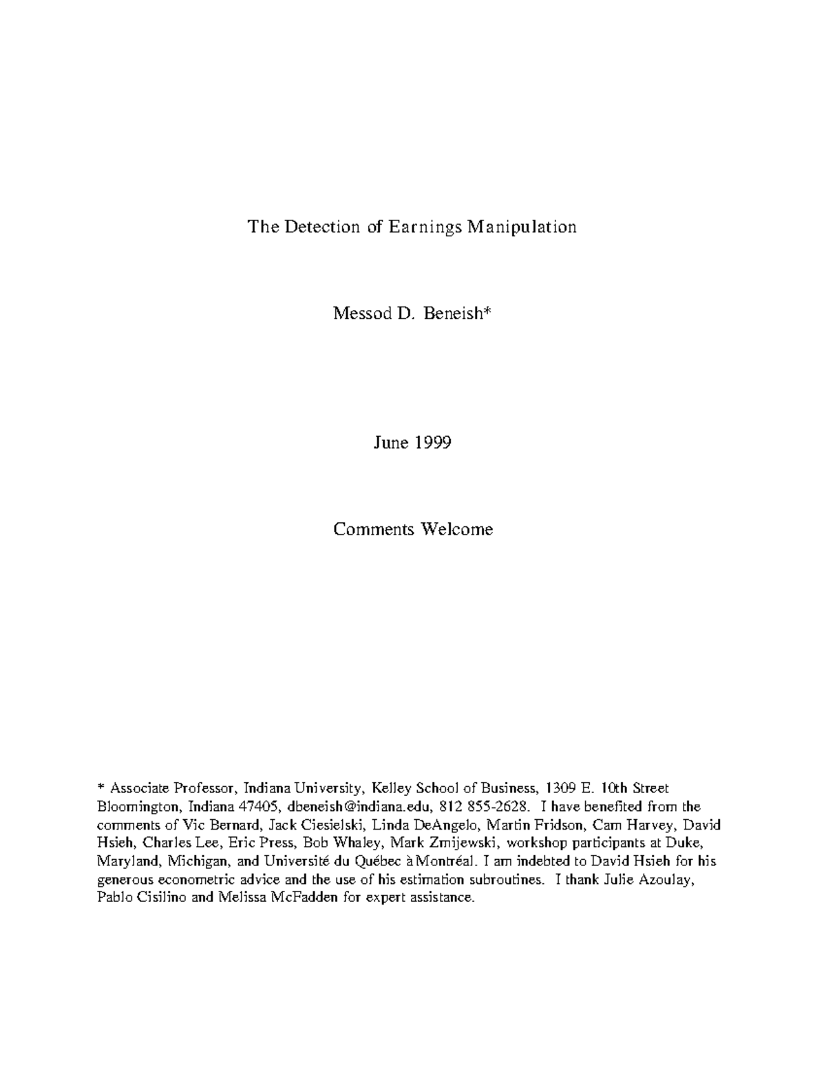 Beneish 1999: Earnings Manipulation Detection Model Analysis - Studocu