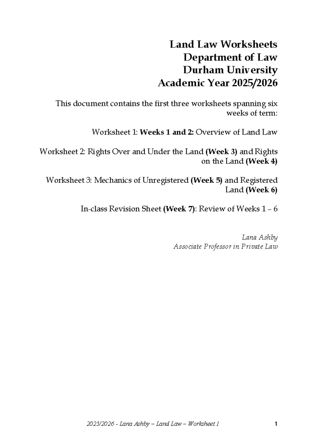 Land Law Worksheets 2526: Overview of Weeks 1-2 - Studocu