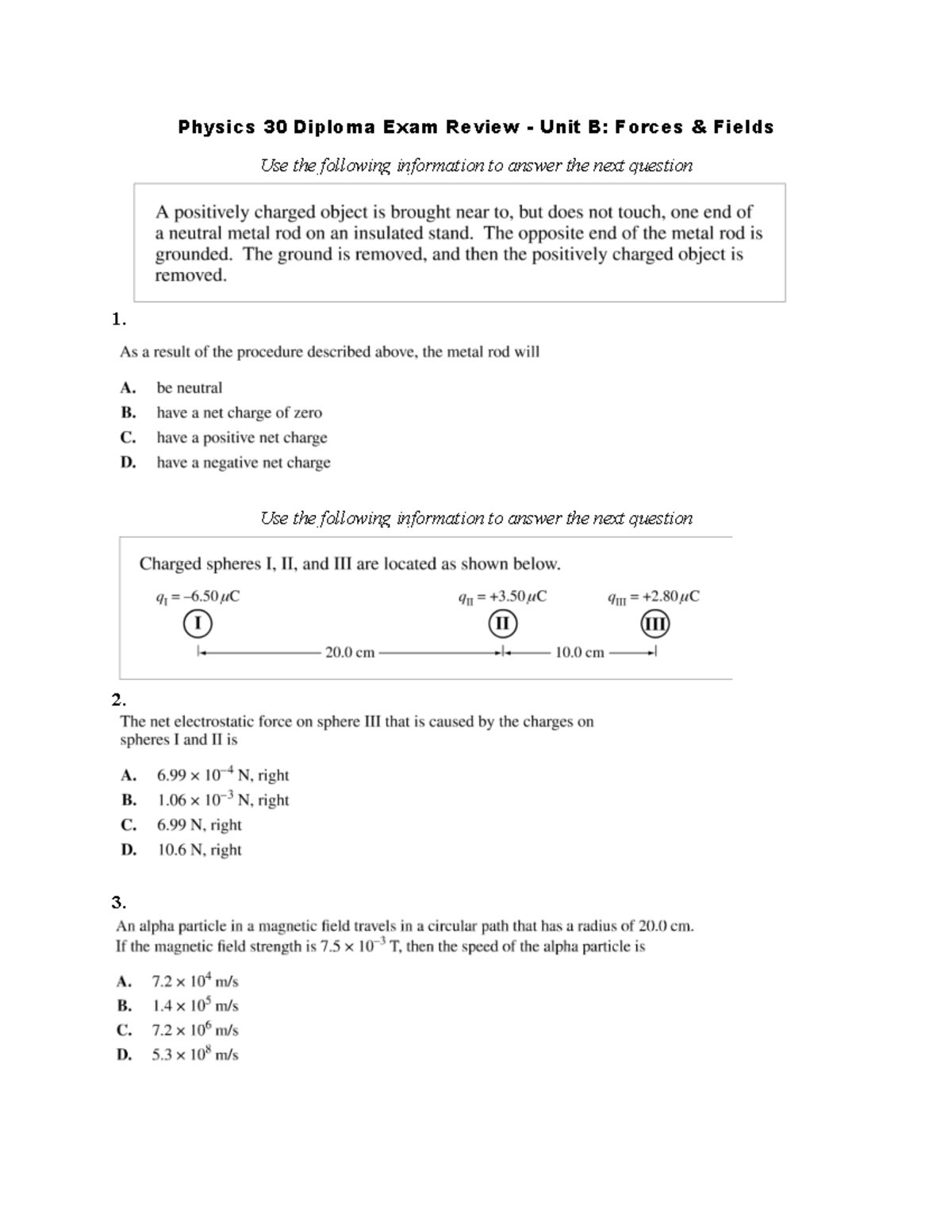 Diploma Exam Review Forces and Fields (Unit B) - Physics 30 Diploma ...