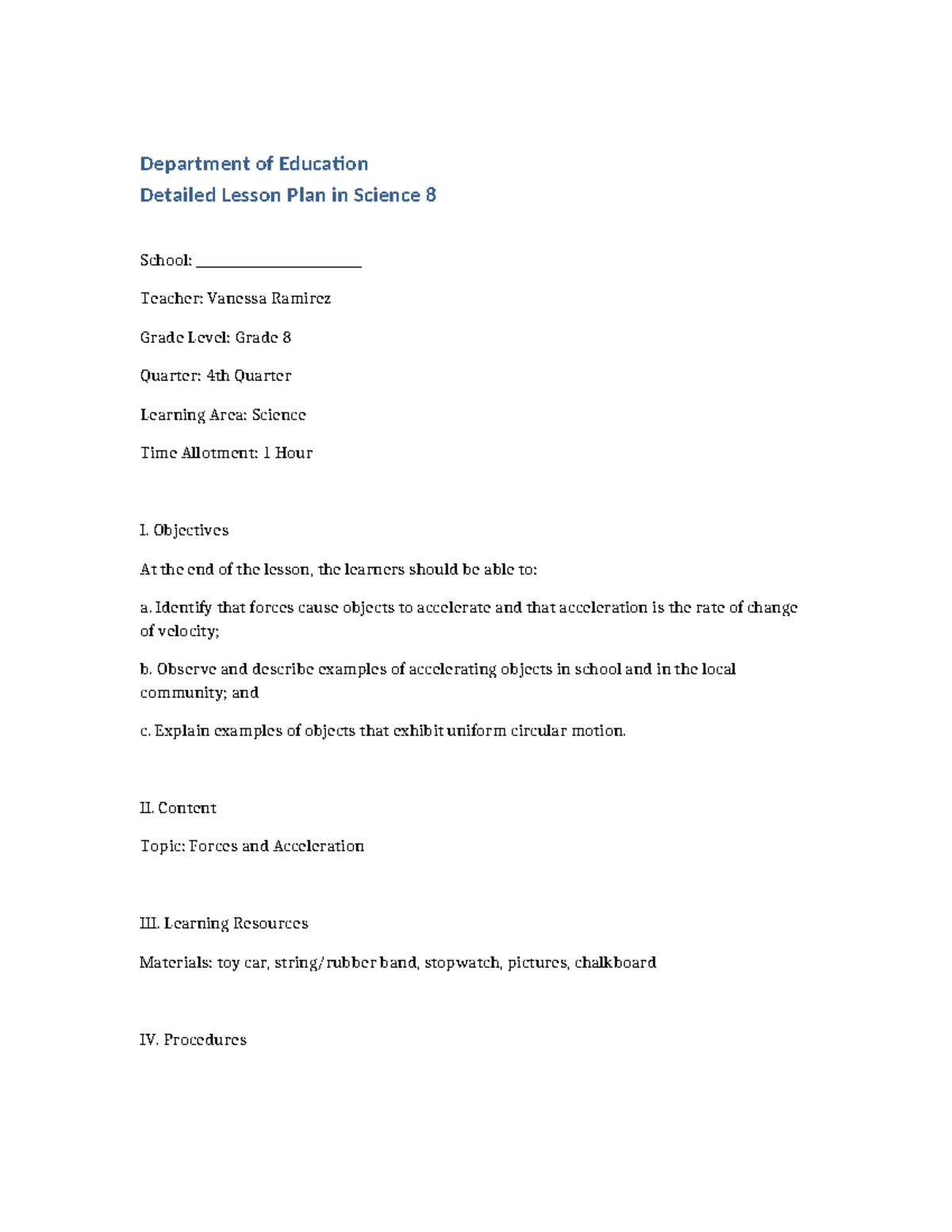 Grade 8 Science Detailed Lesson Plan: Forces & Acceleration - Studocu