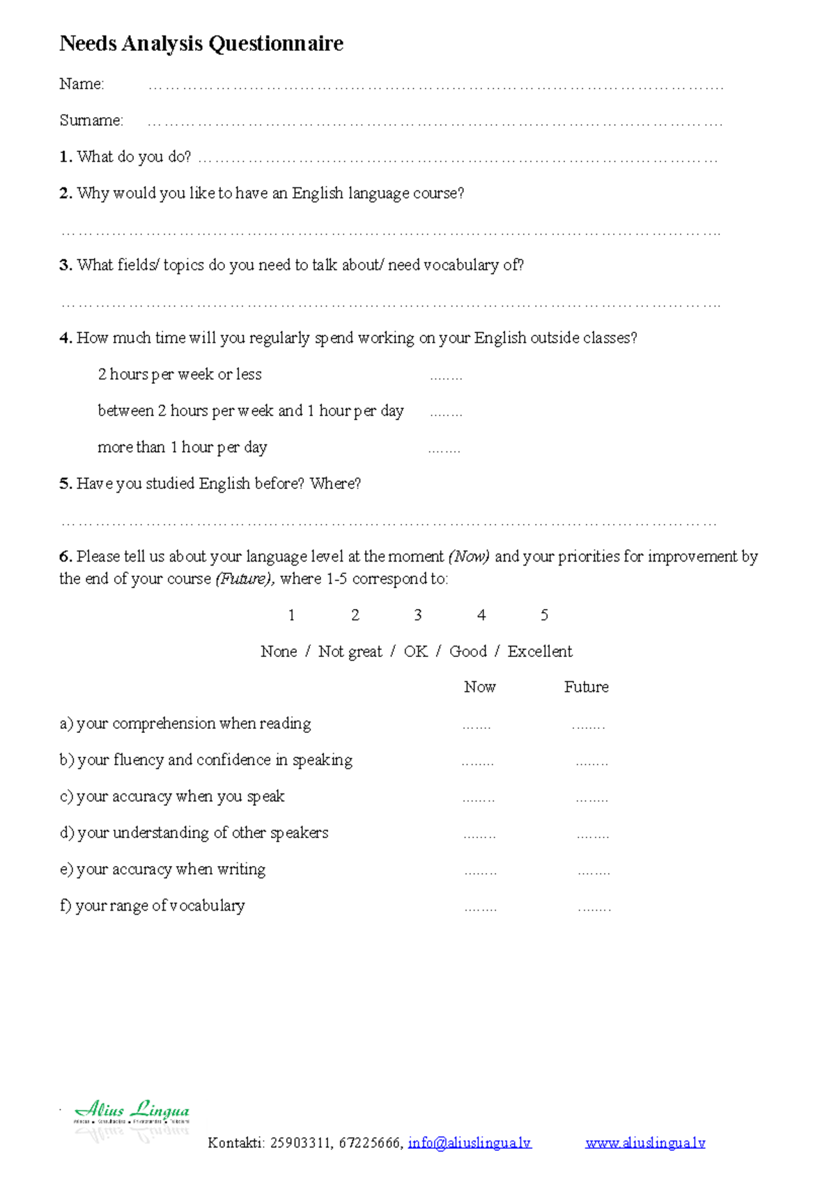 Needs Analysis Questionnaire for English Language Course - Studocu