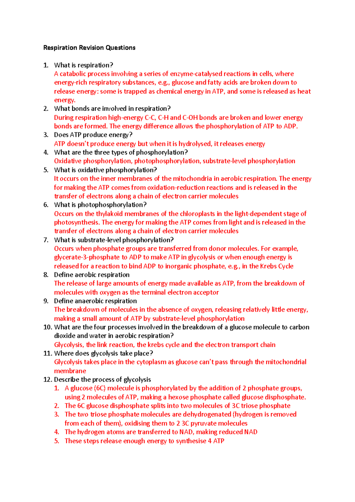3.3 Respiration - Revision Questions and Key Concepts - Studocu