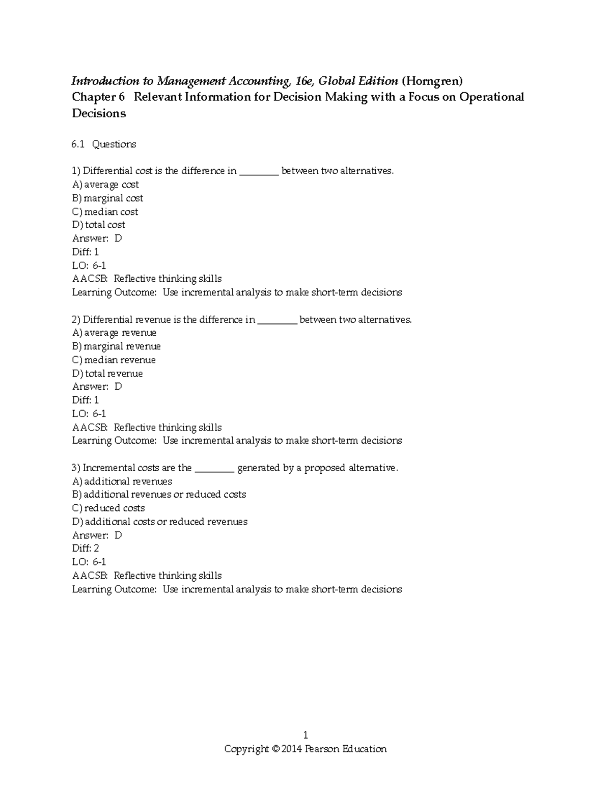 Management Accounting 16e: Chapter 6 Test Bank on Decision Making - Studocu