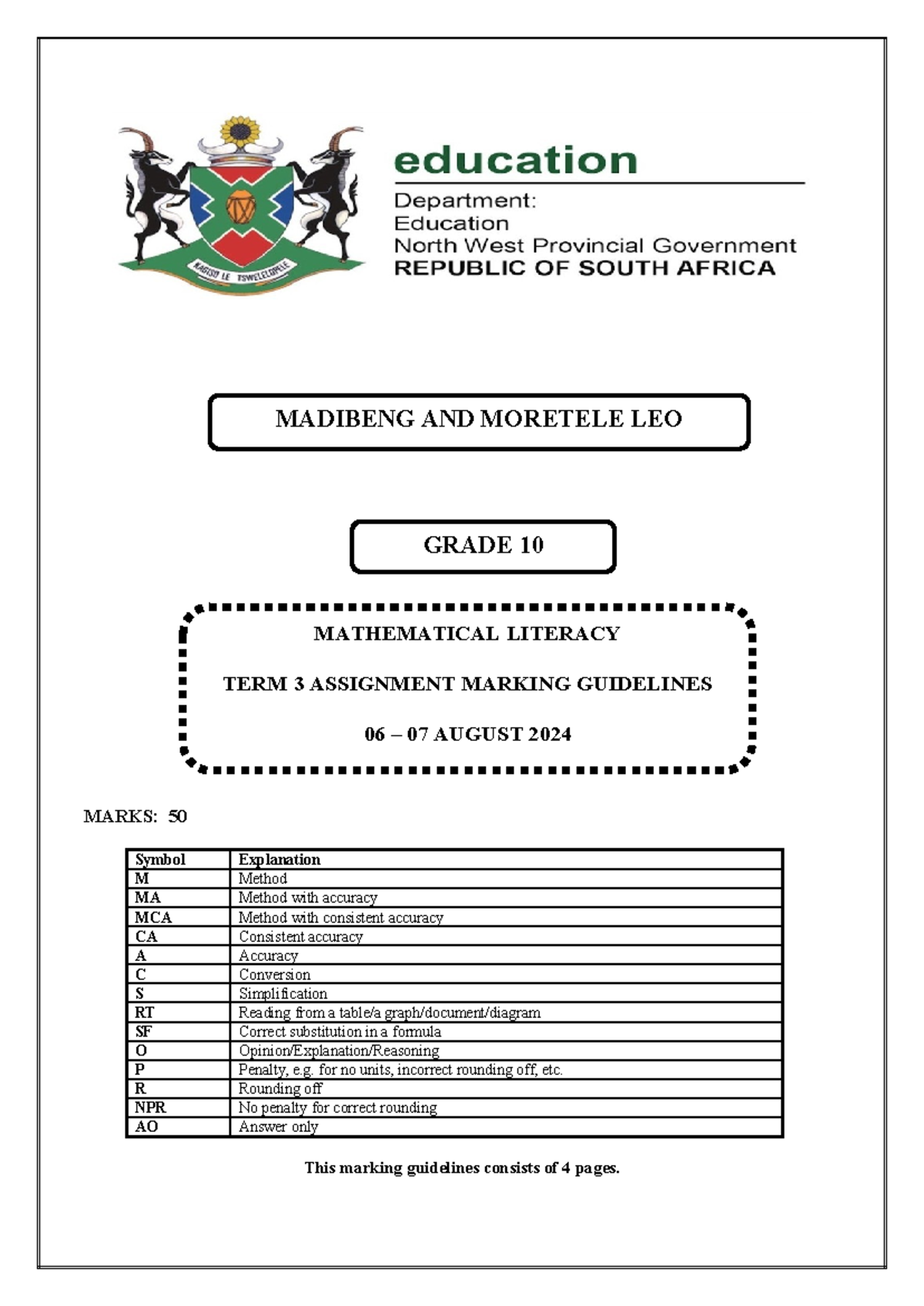 2024 MATHEMATICAL LITERACY GRADE 10 TERM 3 ASSIGNMENT MARKING ...