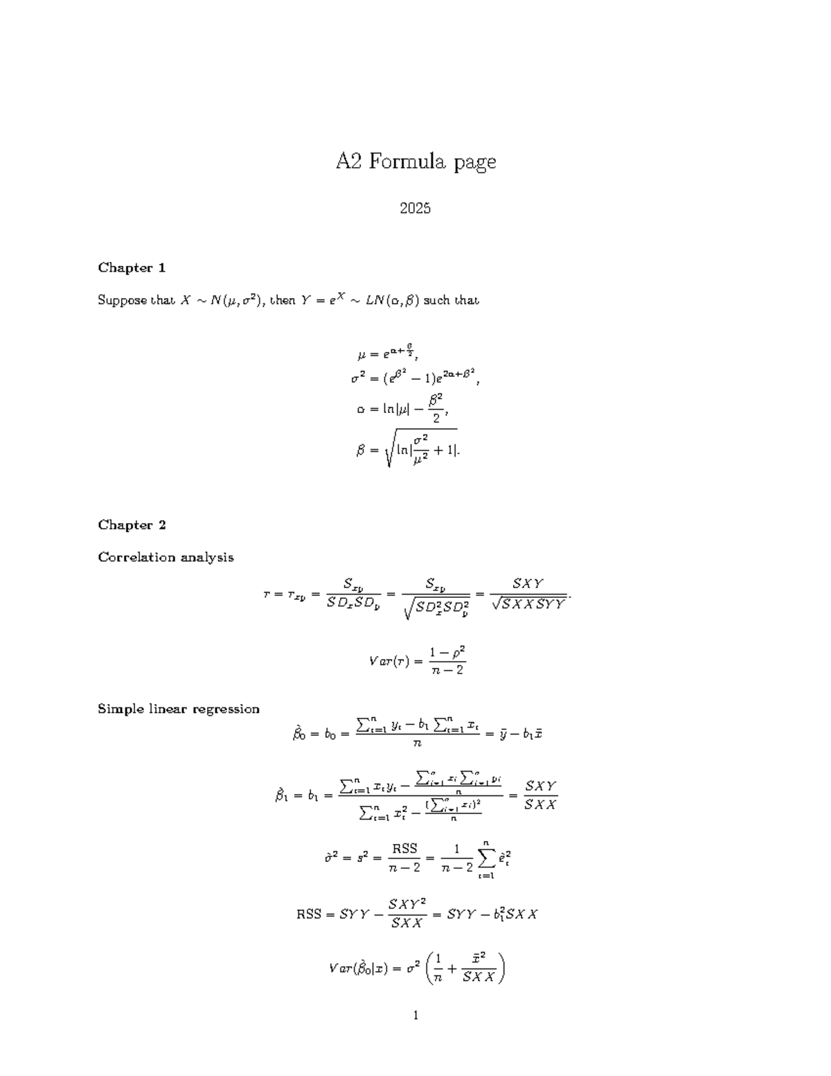 A2 Formula Page 2025: Statistical Concepts & Regression Analysis - Studocu
