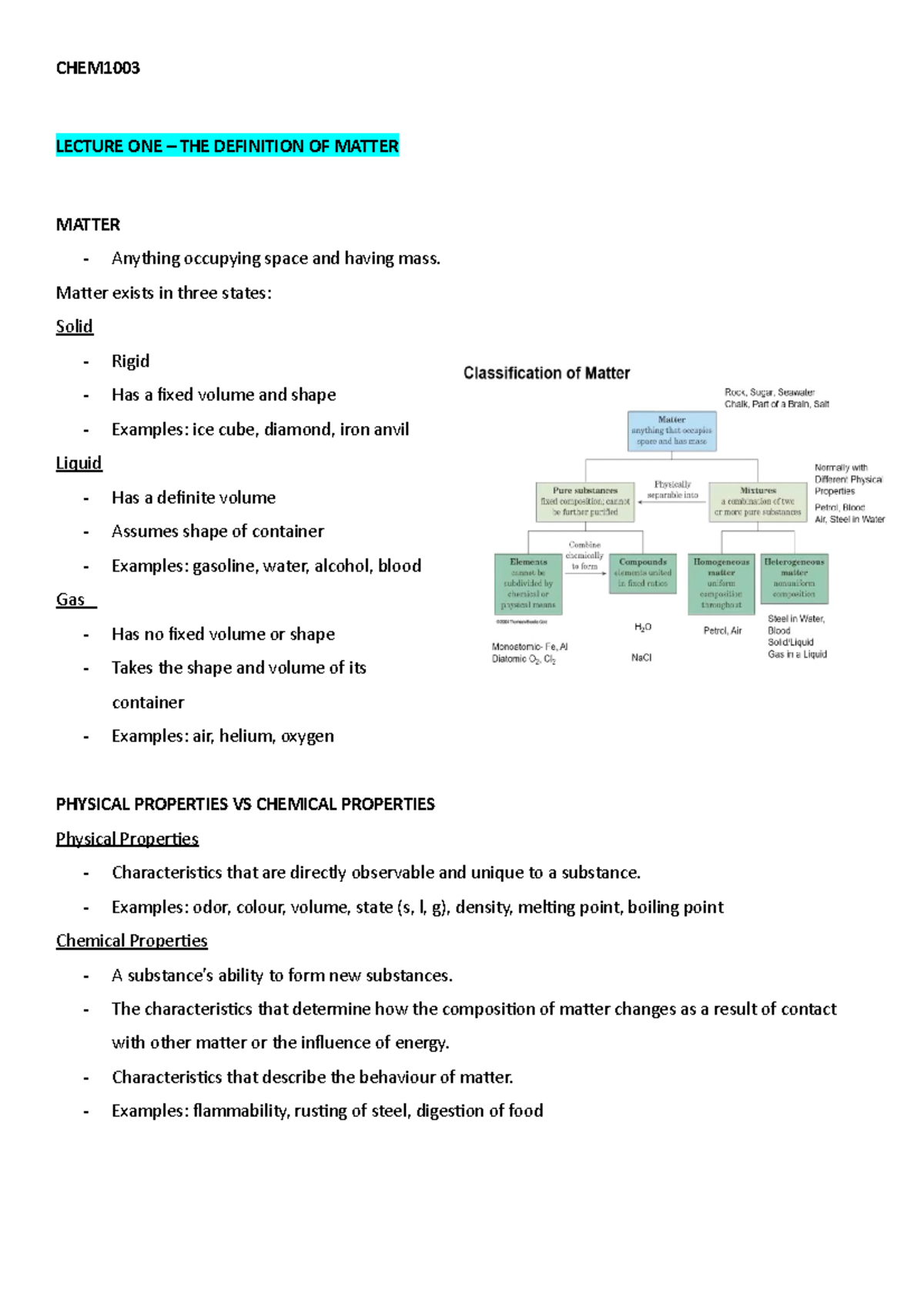 CHEM1003 - notes - CHEM LECTURE ONE – THE DEFINITION OF MATTER MATTER ...