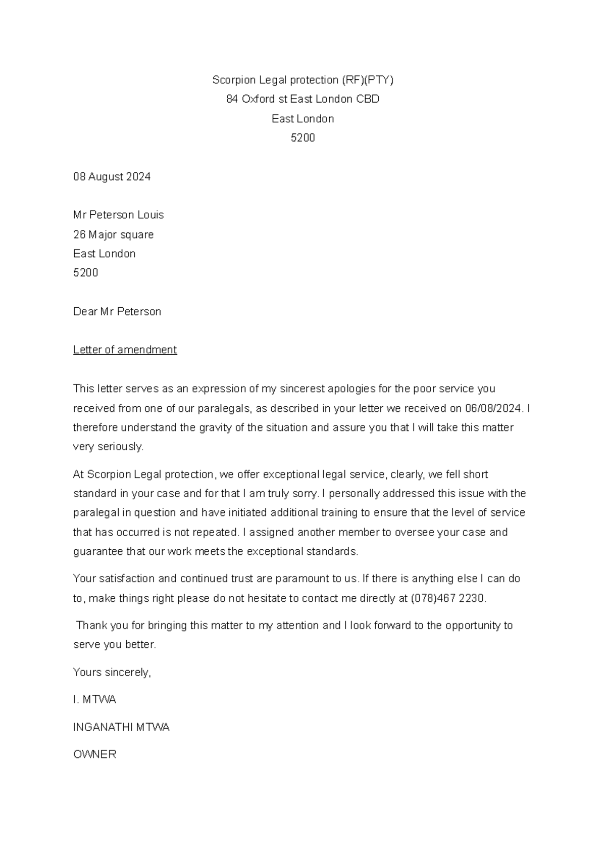 Scorpion Legal protection - I therefore understand the gravity of the ...