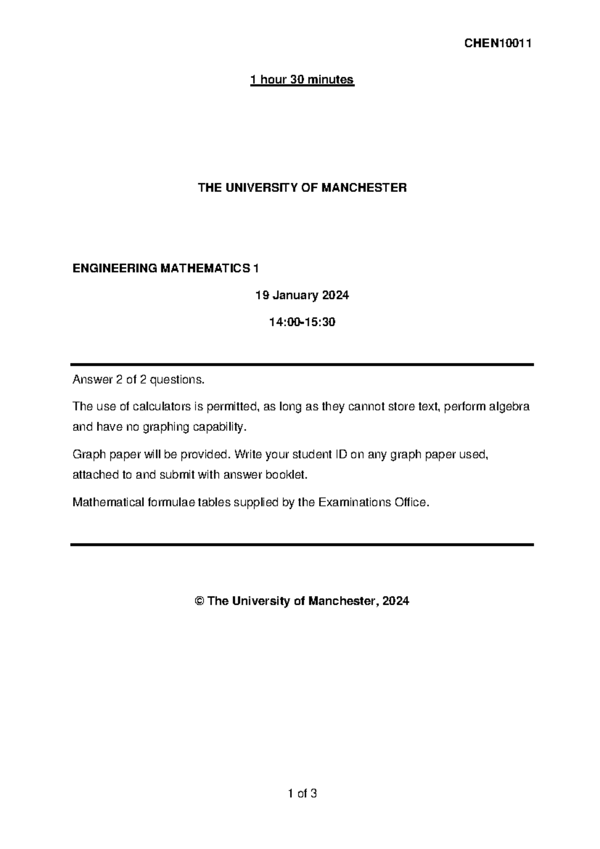 CHEN10011 Final Exam Paper - Engineering Mathematics 1 - Studocu