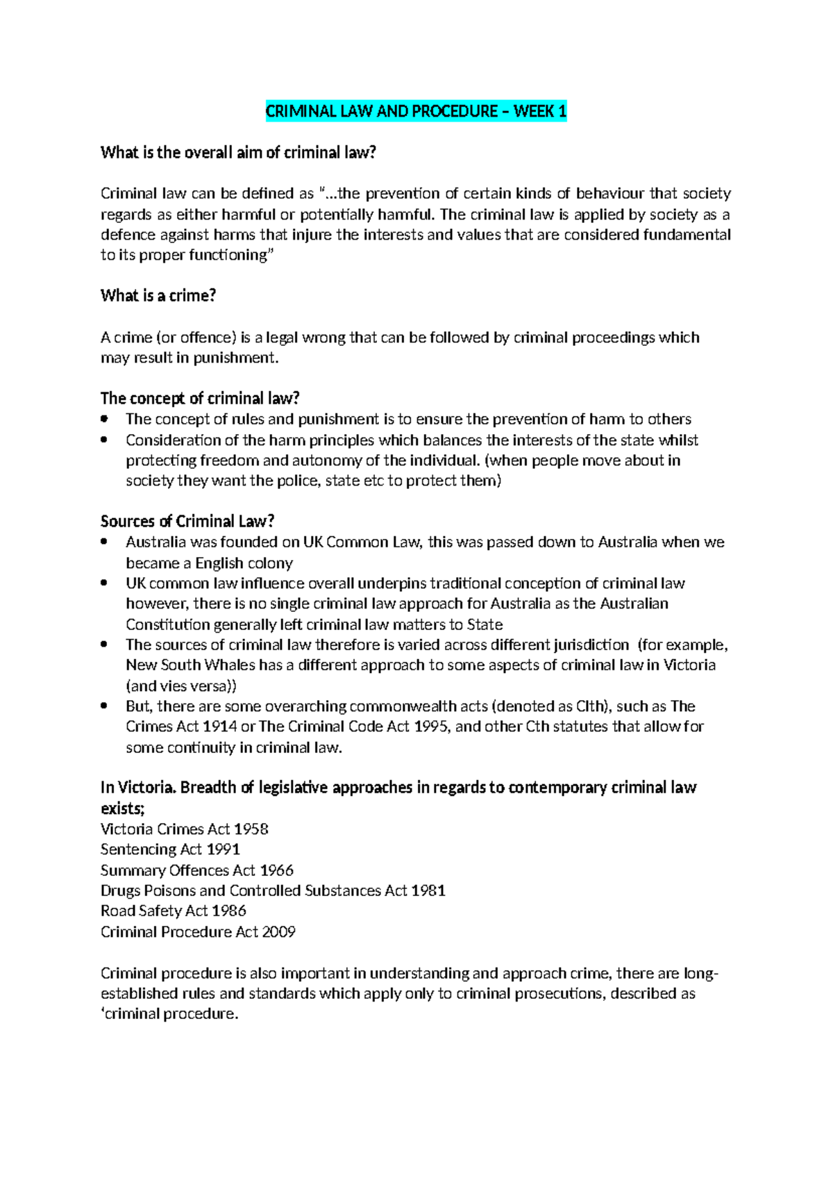 Criminal LAW & Procedure Notes (CRIM 101) - Week 1 & 2 Overview - Studocu