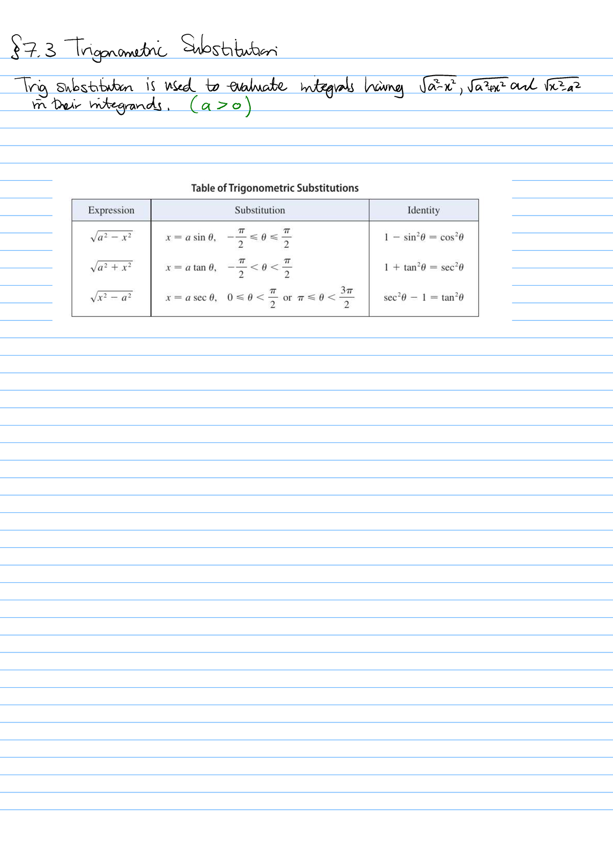 Trig Substitution Techniques for Integral Evaluation (Math 125052 ...