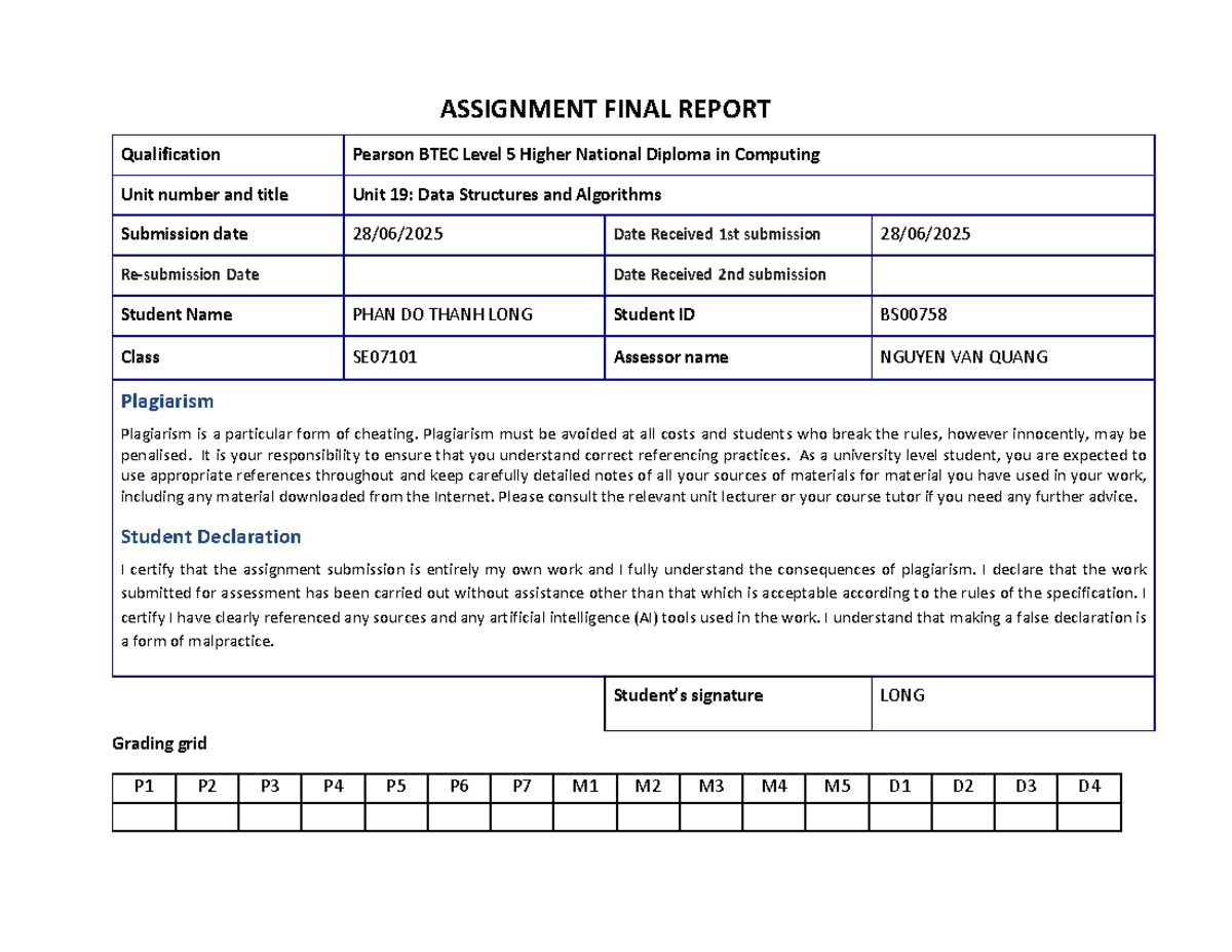 Unit 19: Data Structures & Algorithms Final Report - ASM1HL - Studocu