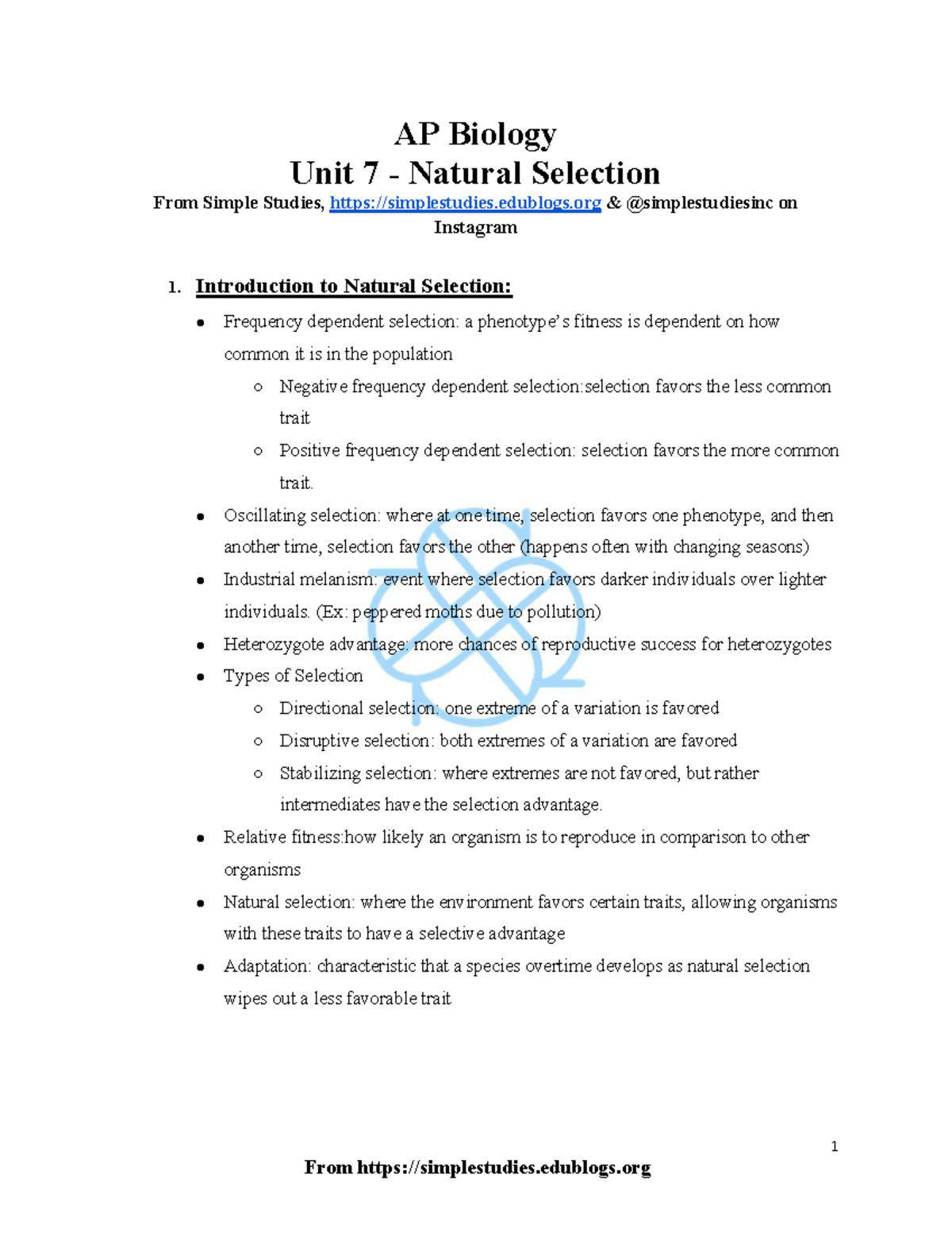 AP Biology Unit 7: Natural Selection and Evolutionary Mechanisms - Studocu