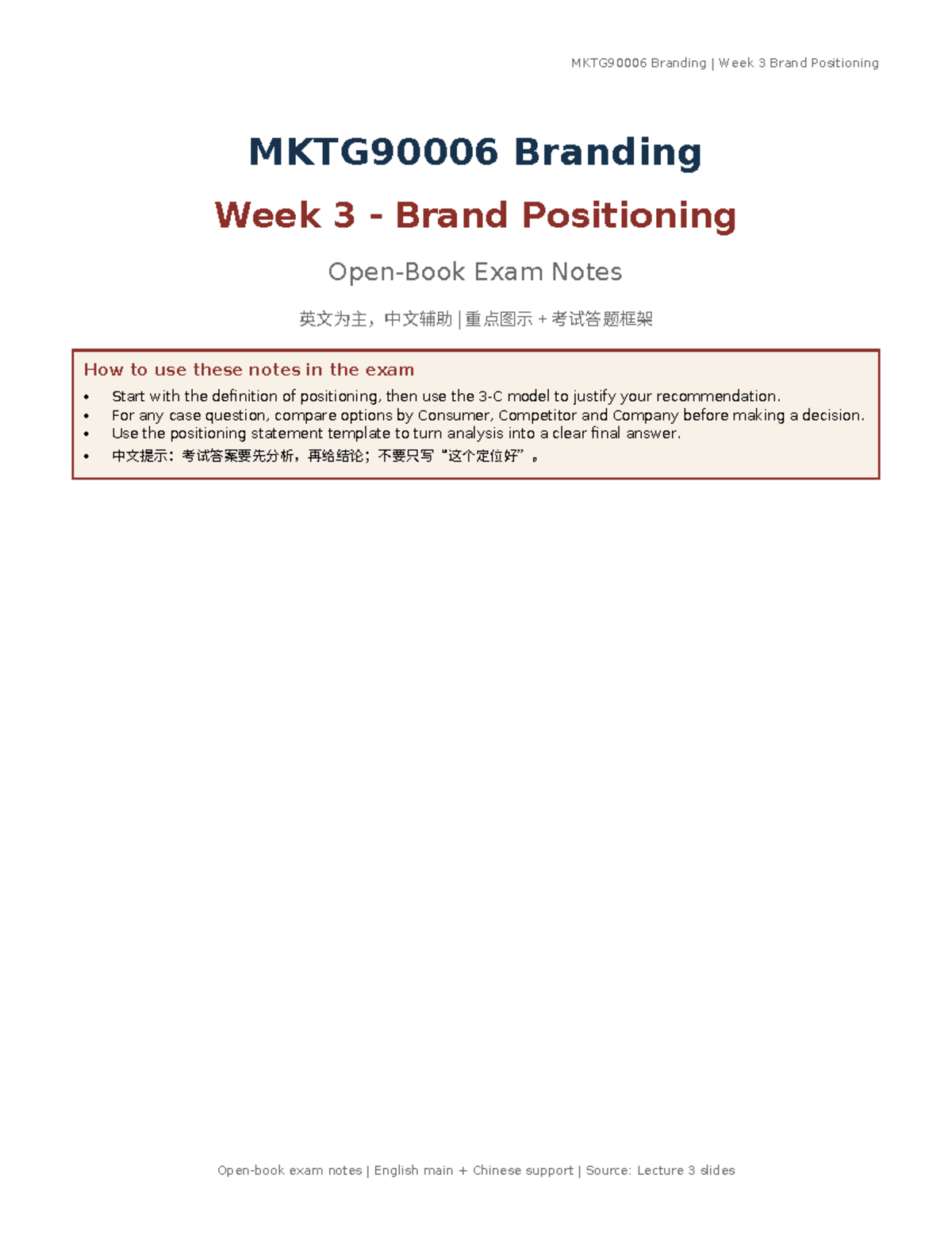 MKTG90006 Week 3 Brand Positioning Open Book Exam Notes - Studocu