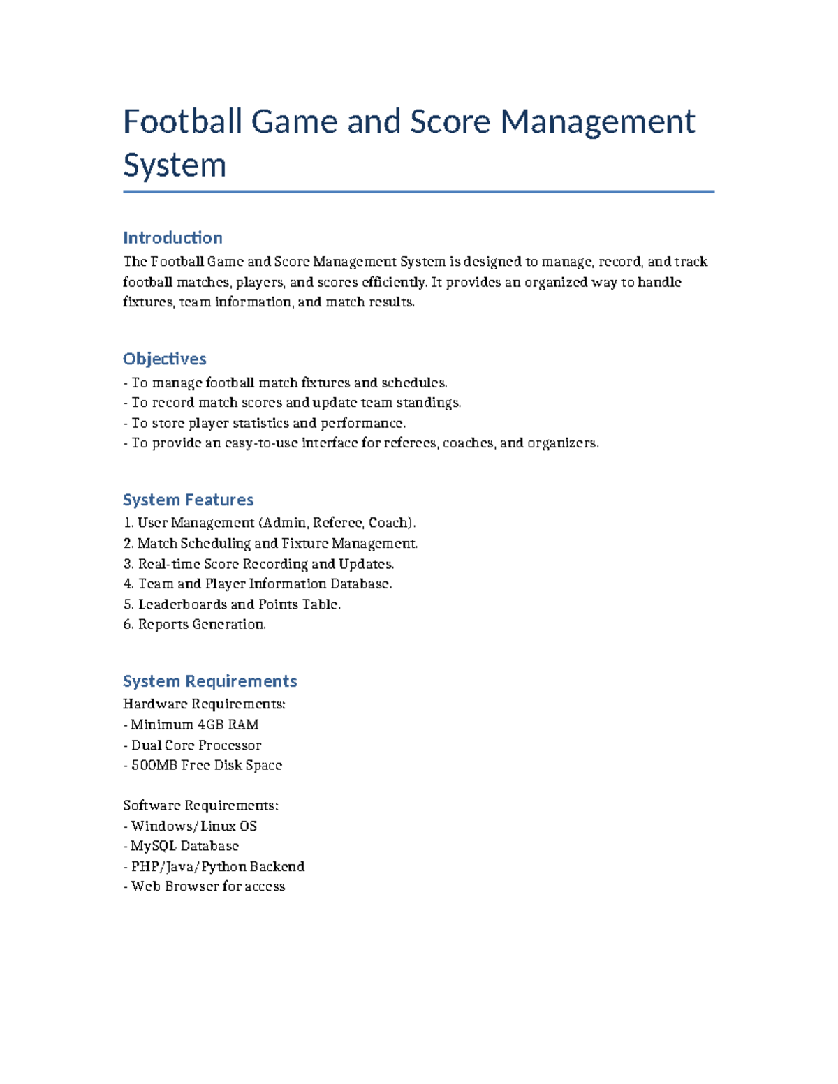 Football Game Score Management System Overview and Features - Studocu