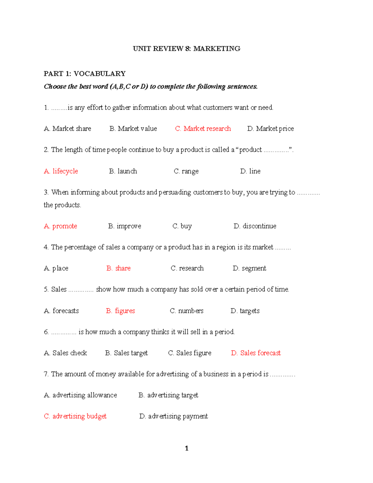 UNIT REVIEW 8: MARKETING VOCABULARY & COMPREHENSION ANSWERS - Studocu
