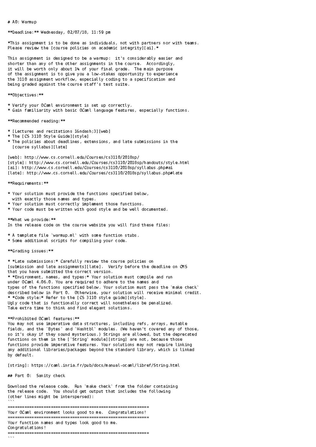 A0 - Assignment from CS 3110 taught by Professor Nate Foster in Spring 2018. - A0: Warmup ...