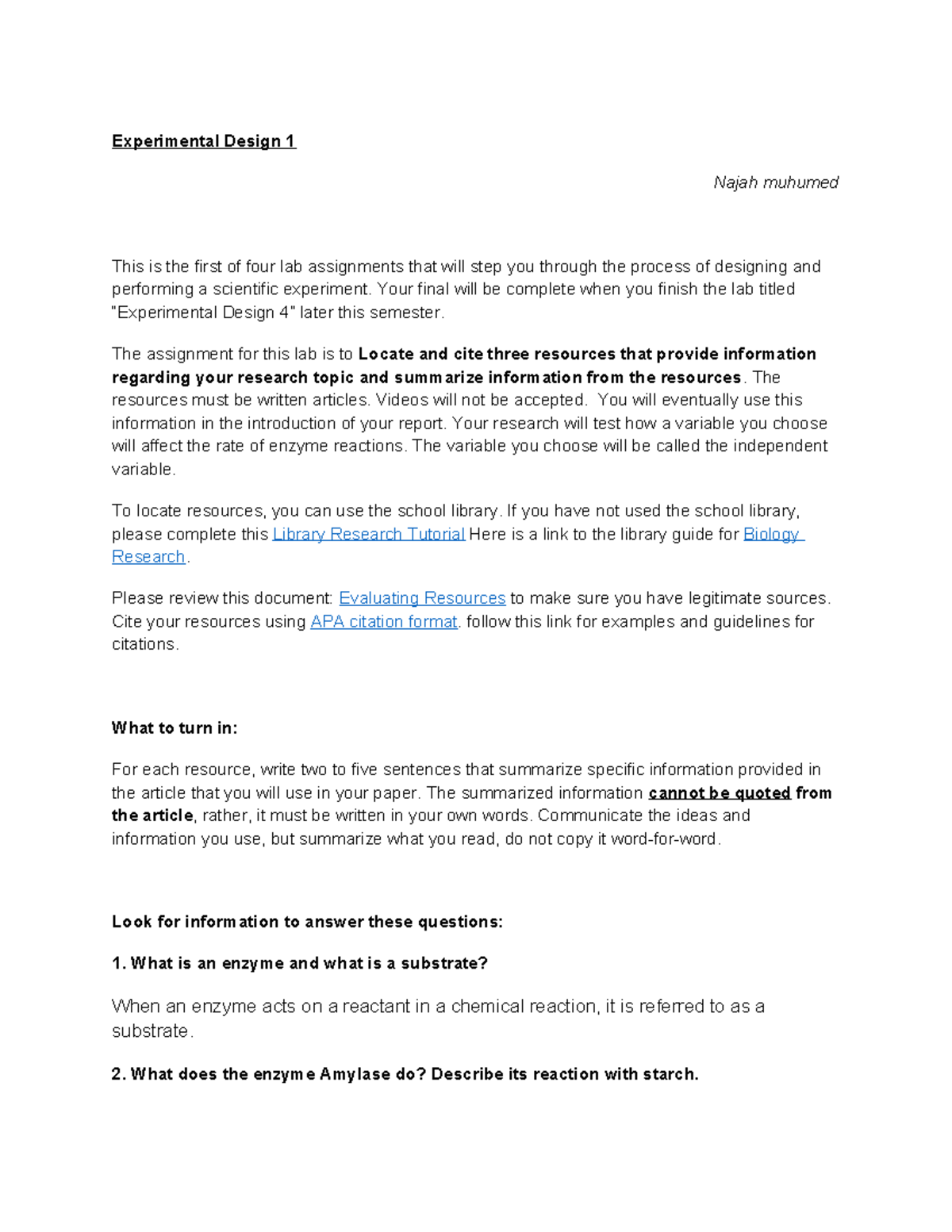 Experimental Design 1 - Lab Assignment Overview and Research Summary ...