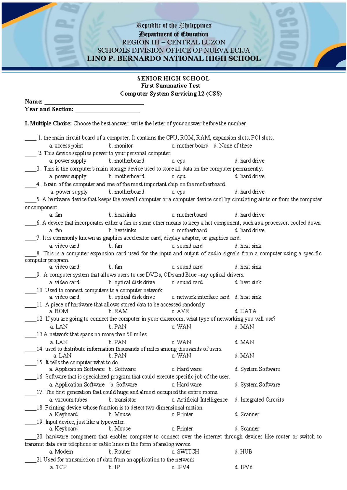 First Summative Test in Computer System Servicing 12 (CSS) - Studocu