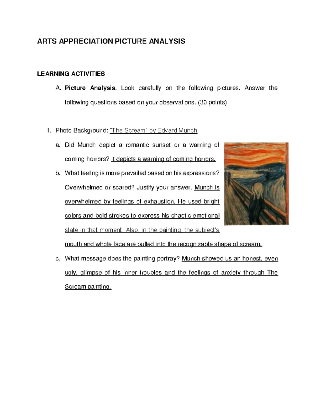 ARTS 101: Picture Analysis of "The Scream" and "Girl At Mirror" - Studocu