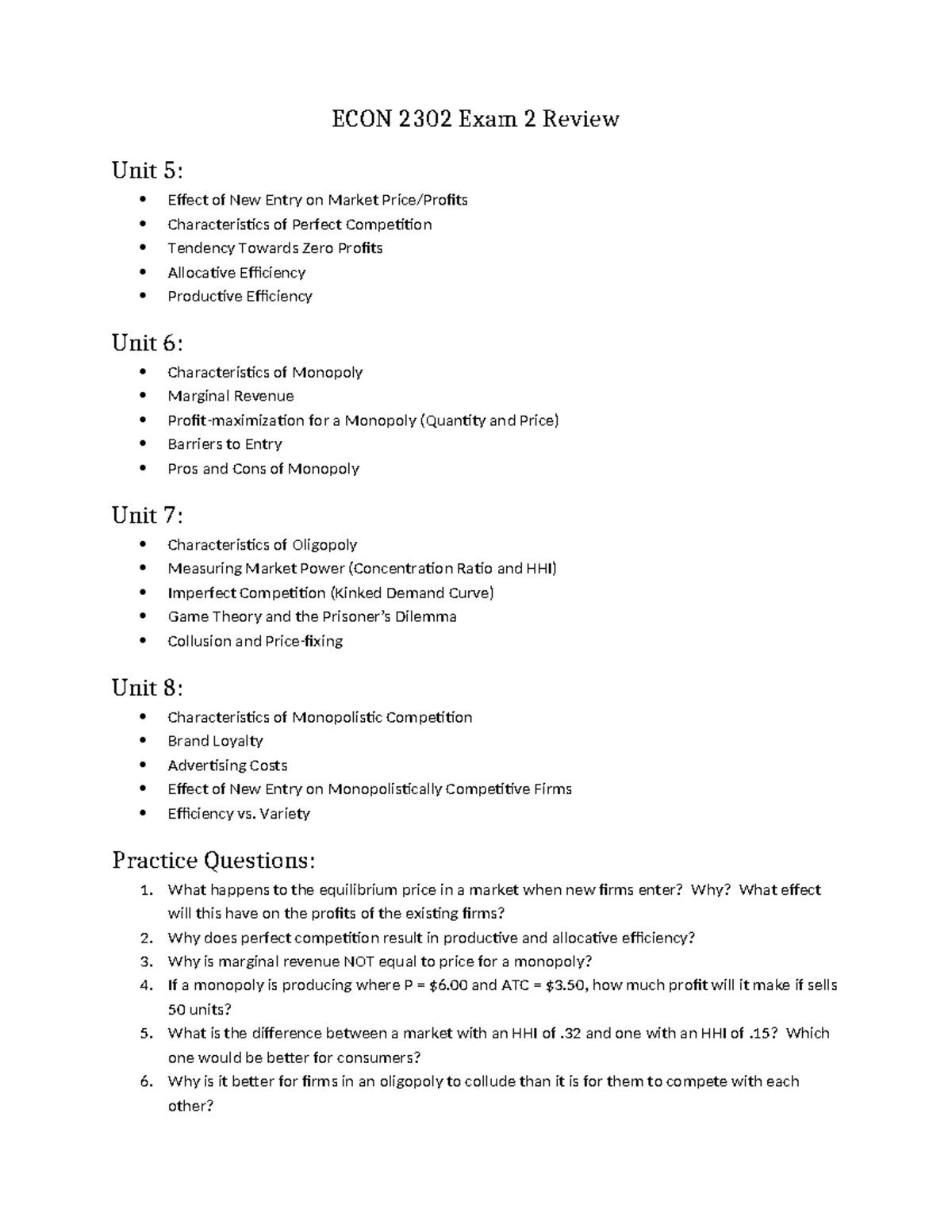ECON 2302 Exam 2 Review: Key Concepts and Practice Questions - Studocu