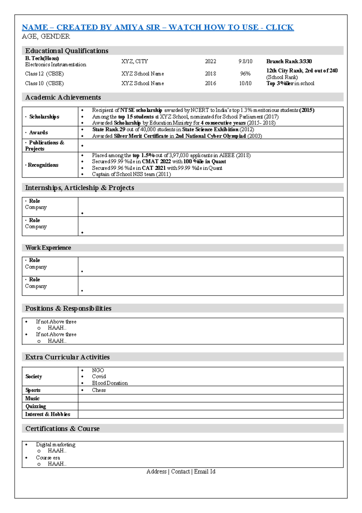 Resume For IIMs - NAME – CREATED BY AMIYA SIR – WATCH HOW TO USE ...