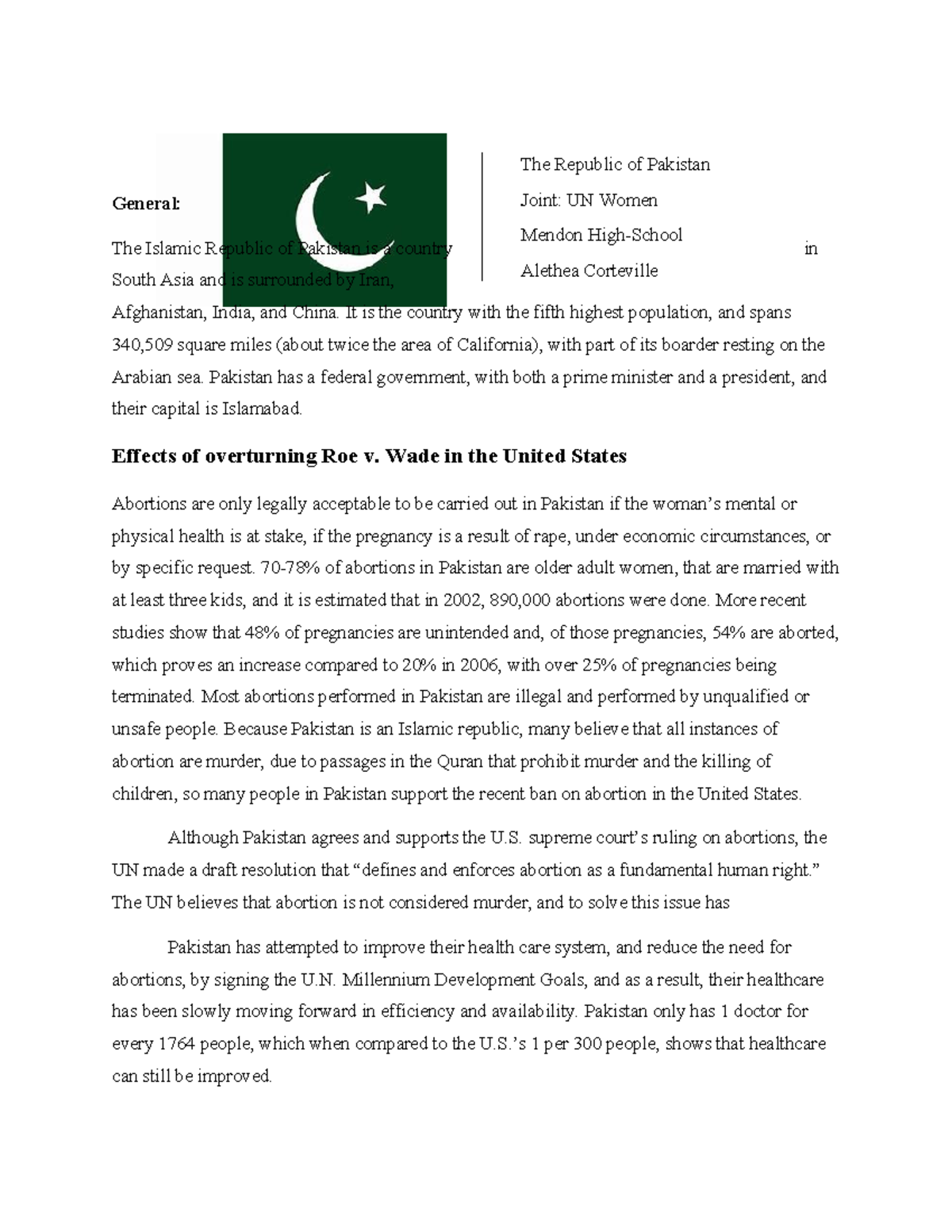 MUN Position Paper on Roe v. Wade: Pakistan's Perspective - Studocu
