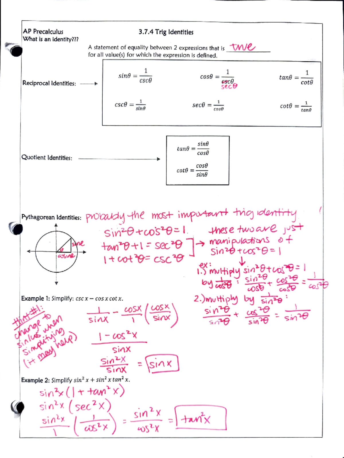 Day 8 Notes and Practice KEY - APPrecalculus Whatisan identity??? ~ ' 3 ...