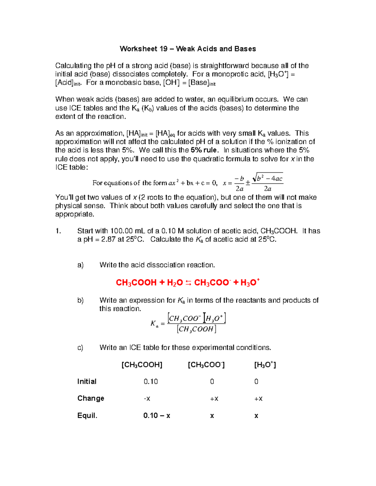 Acid-Base - ICE Practice Problems 3 - Worksheet 19 – Weak Acids and Bases Calculating the pH of ...