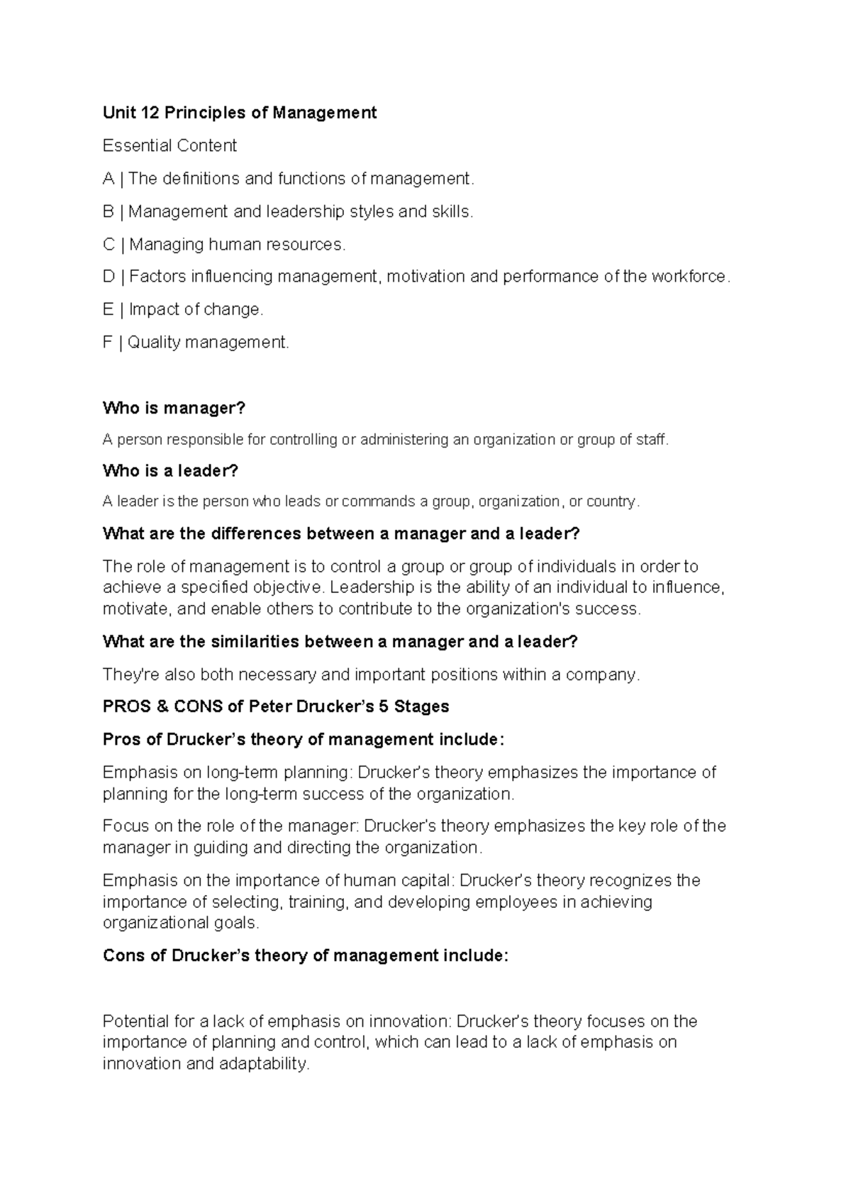 Unit 12 - Principles of Management Overview and Key Insights - Studocu