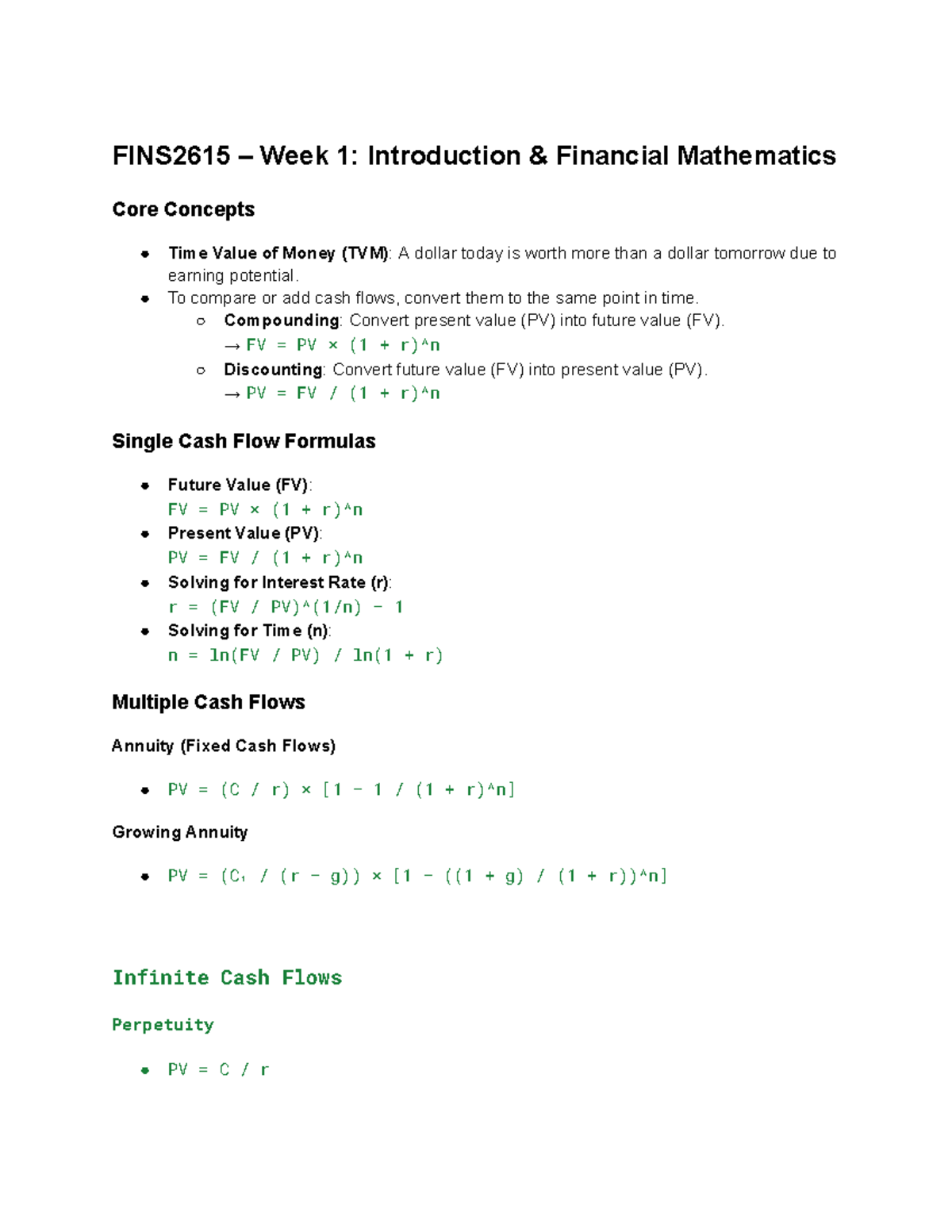FINS2615 Final Exam Notes: Financial Mathematics & Capital Budgeting ...