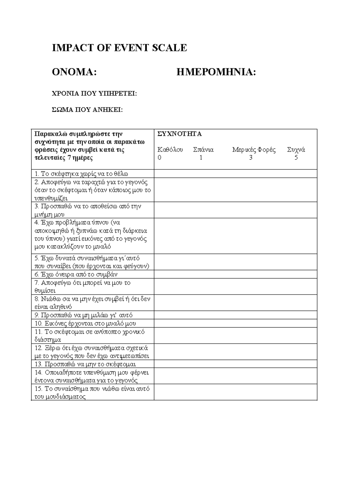Impact of Event Scale - Psychology Questionnaire for Assignment - Studocu