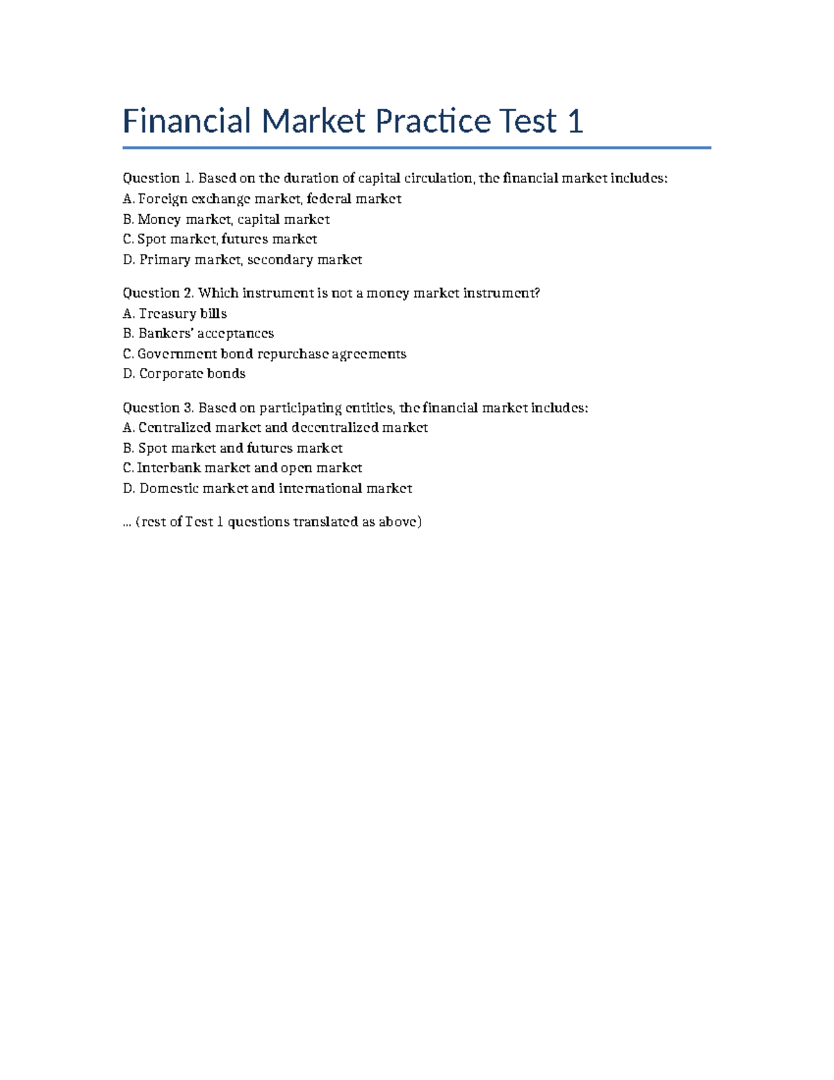 Financial Market Practice Test 1 Questions and Answers - Studocu