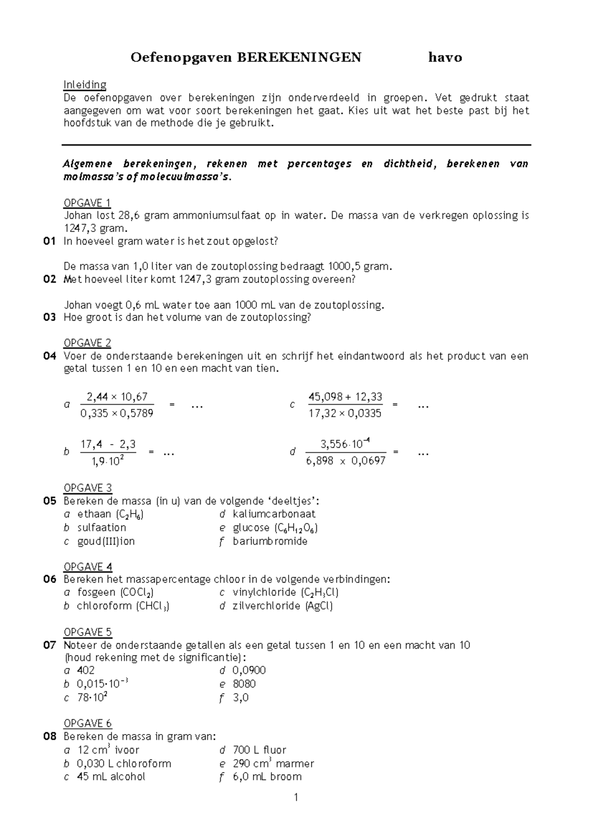 Oefenopgaven Berekeningen 4H - Havo Chemie - Studeersnel