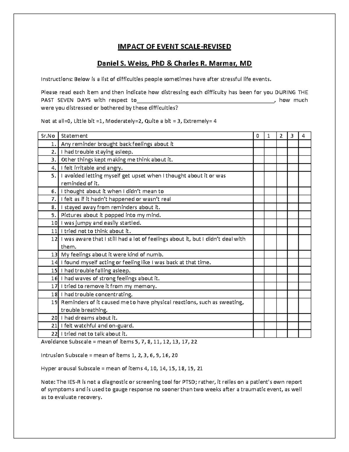 Impact of Event Scale - Revised (IES-R) Completion Instructions - Studocu