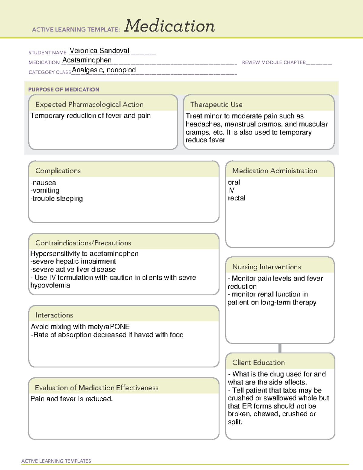 ACTIVE LEARNING TEMPLATE: Acetaminophen ATI Medication Card Review - Studocu