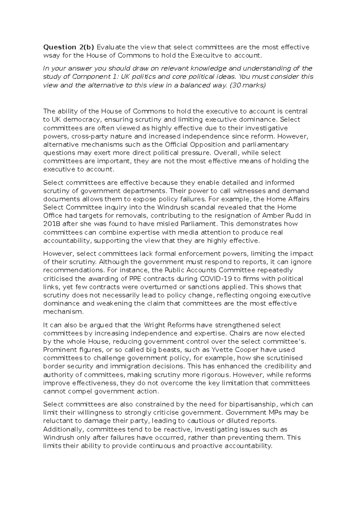 Question 2(b) - Evaluating Select Committees in UK Politics (Component ...