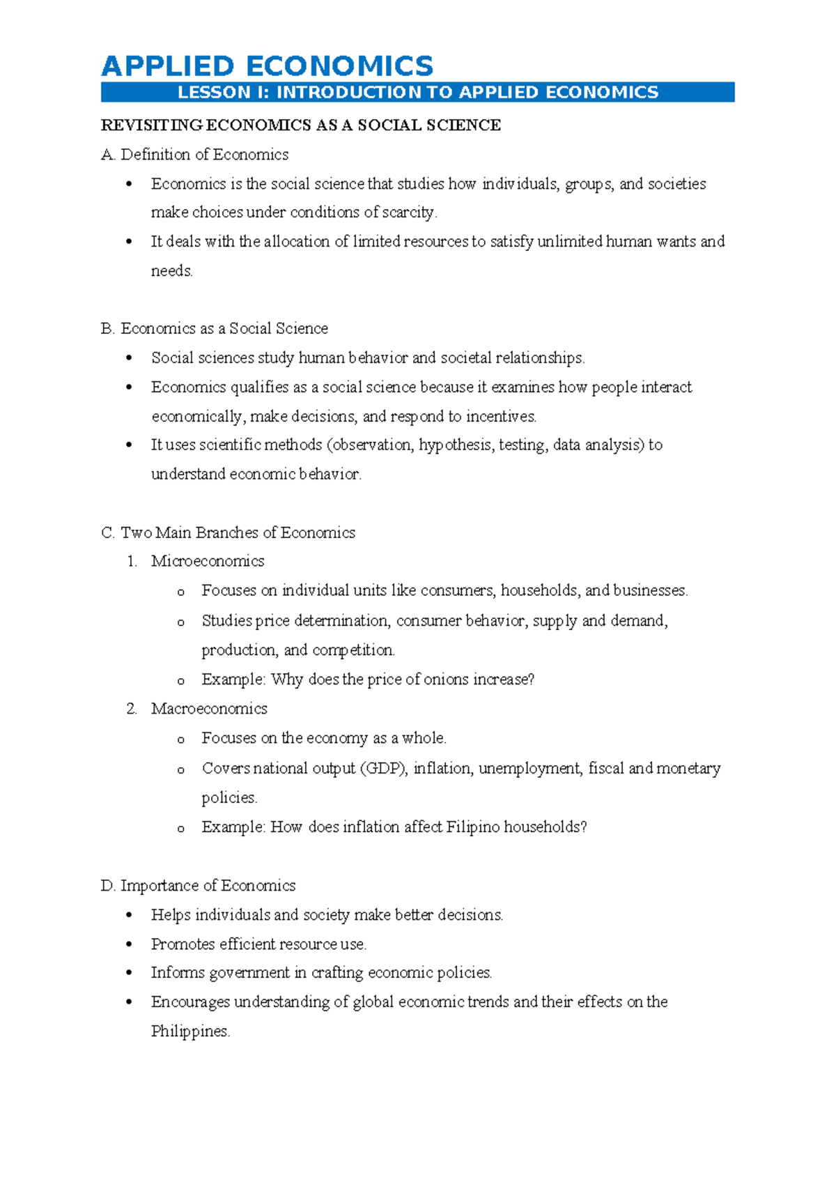 APPLIED ECONOMICS LESSON I: INTRO TO ECONOMICS AS A SOCIAL SCIENCE ...