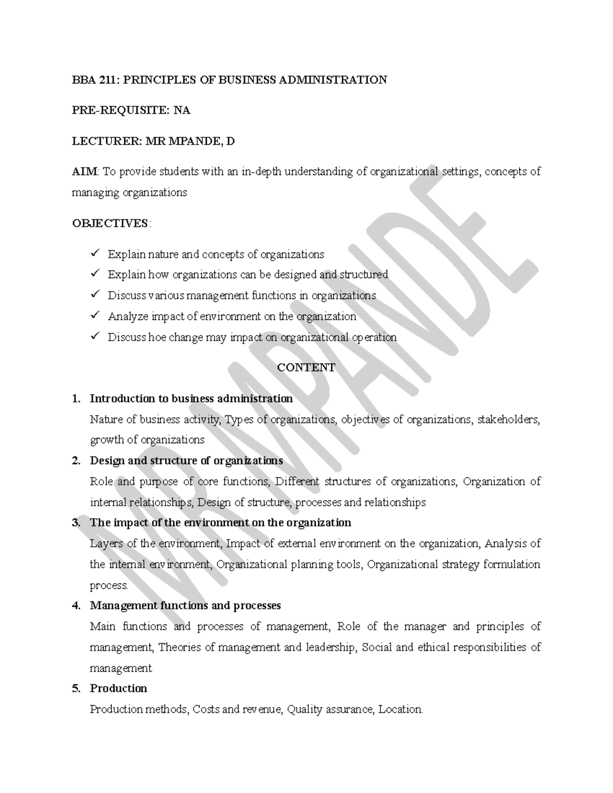 BBA211 course outline - BBA 211: PRINCIPLES OF BUSINESS ADMINISTRATION ...