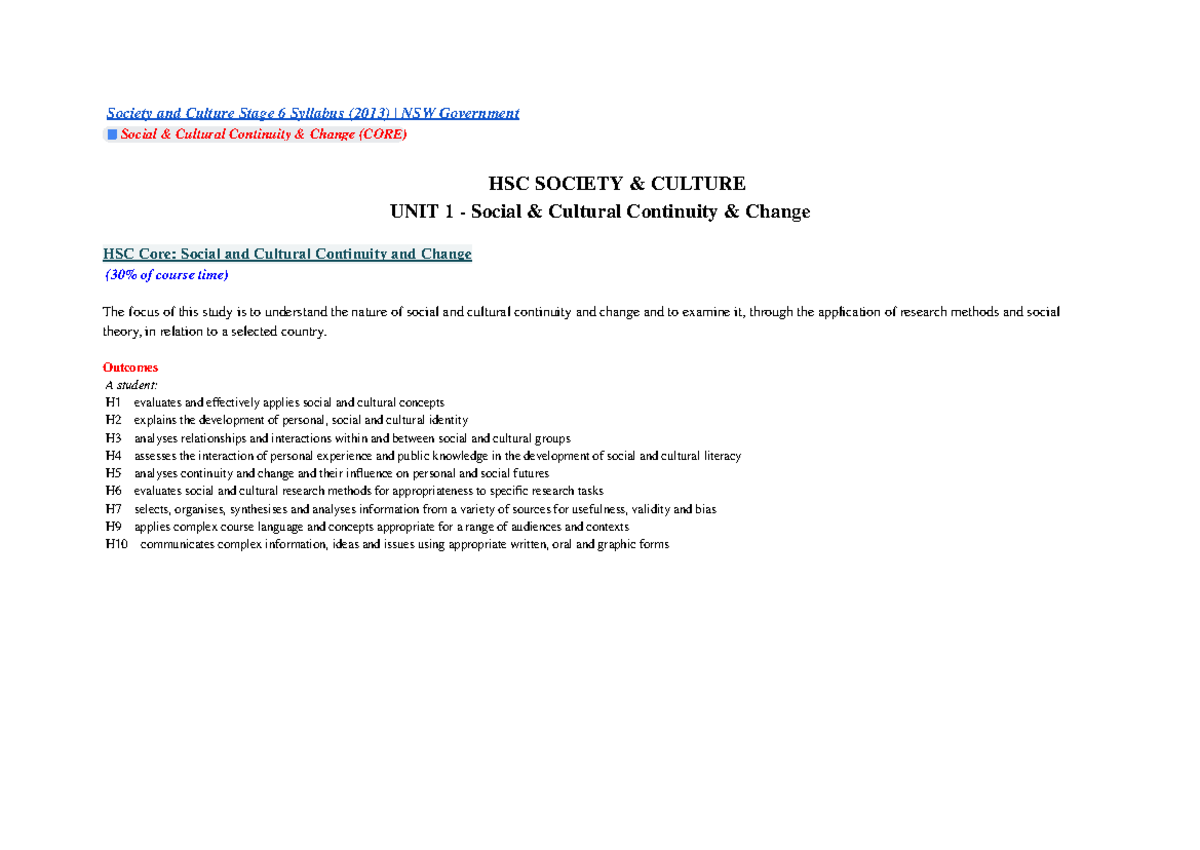 UNIT 1 HSC SOCIETY & CULTURE: Social & Cultural Continuity & Change ...