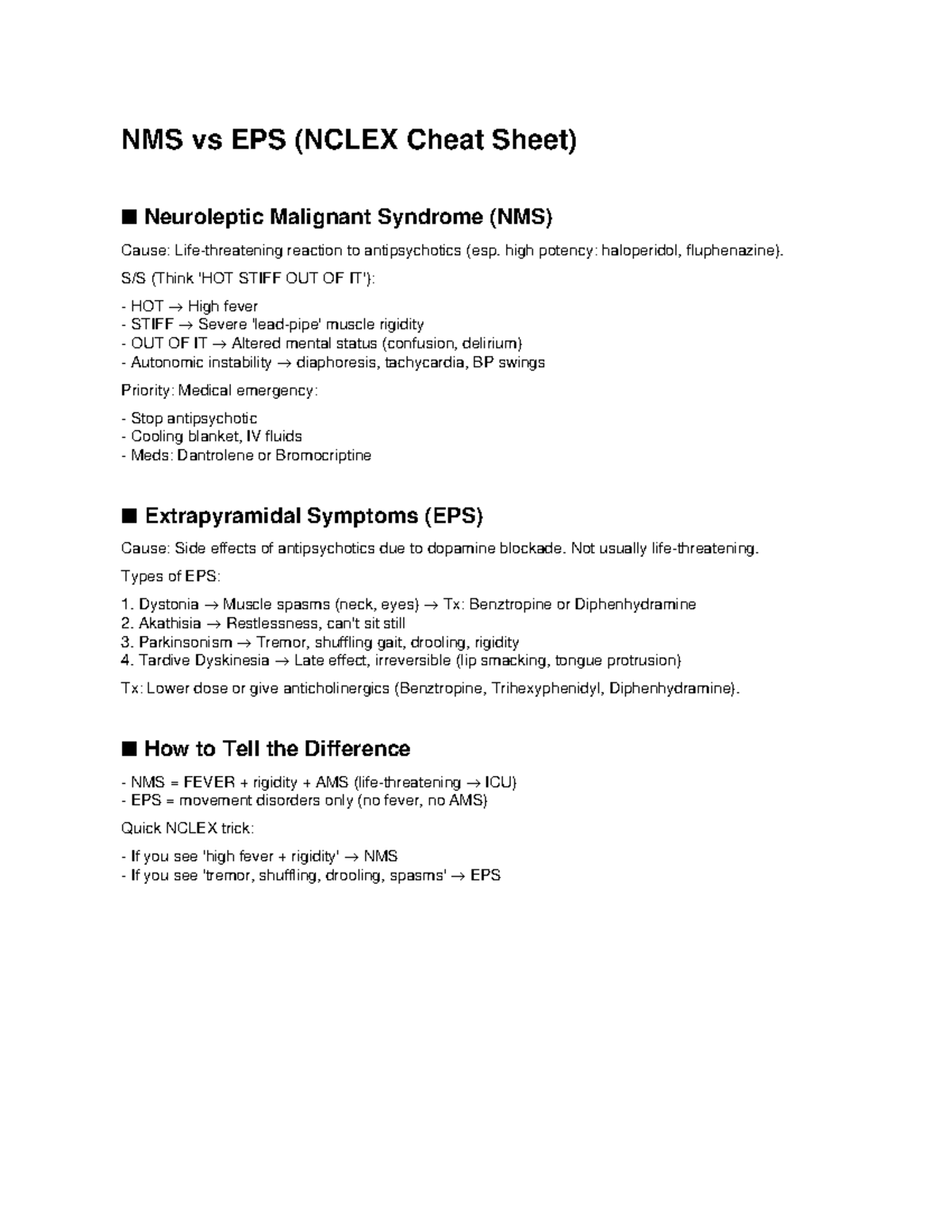 NMS vs EPS Cheat Sheet (NCLEX Study Guide) - Studocu