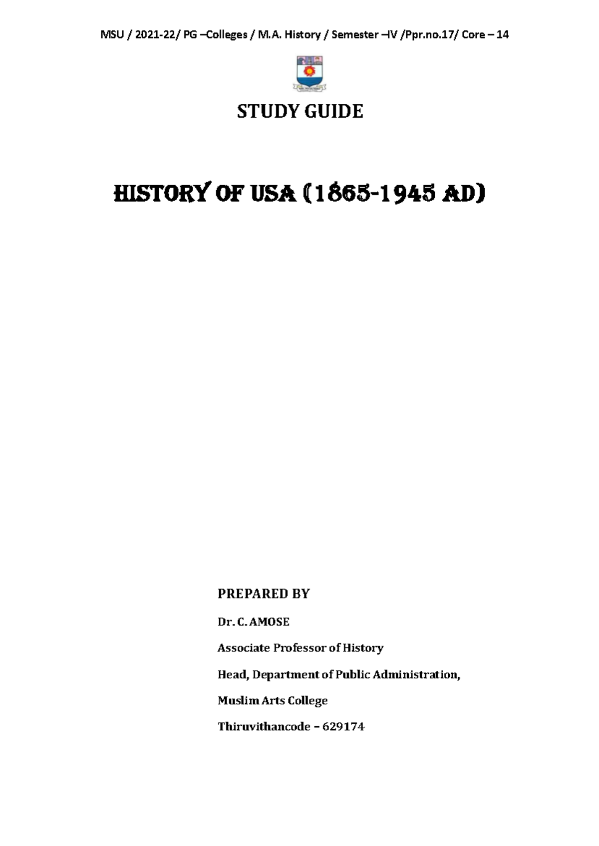 MSU PG M.A. History Semester Core 14 Study Guide: History of USA 1865 ...